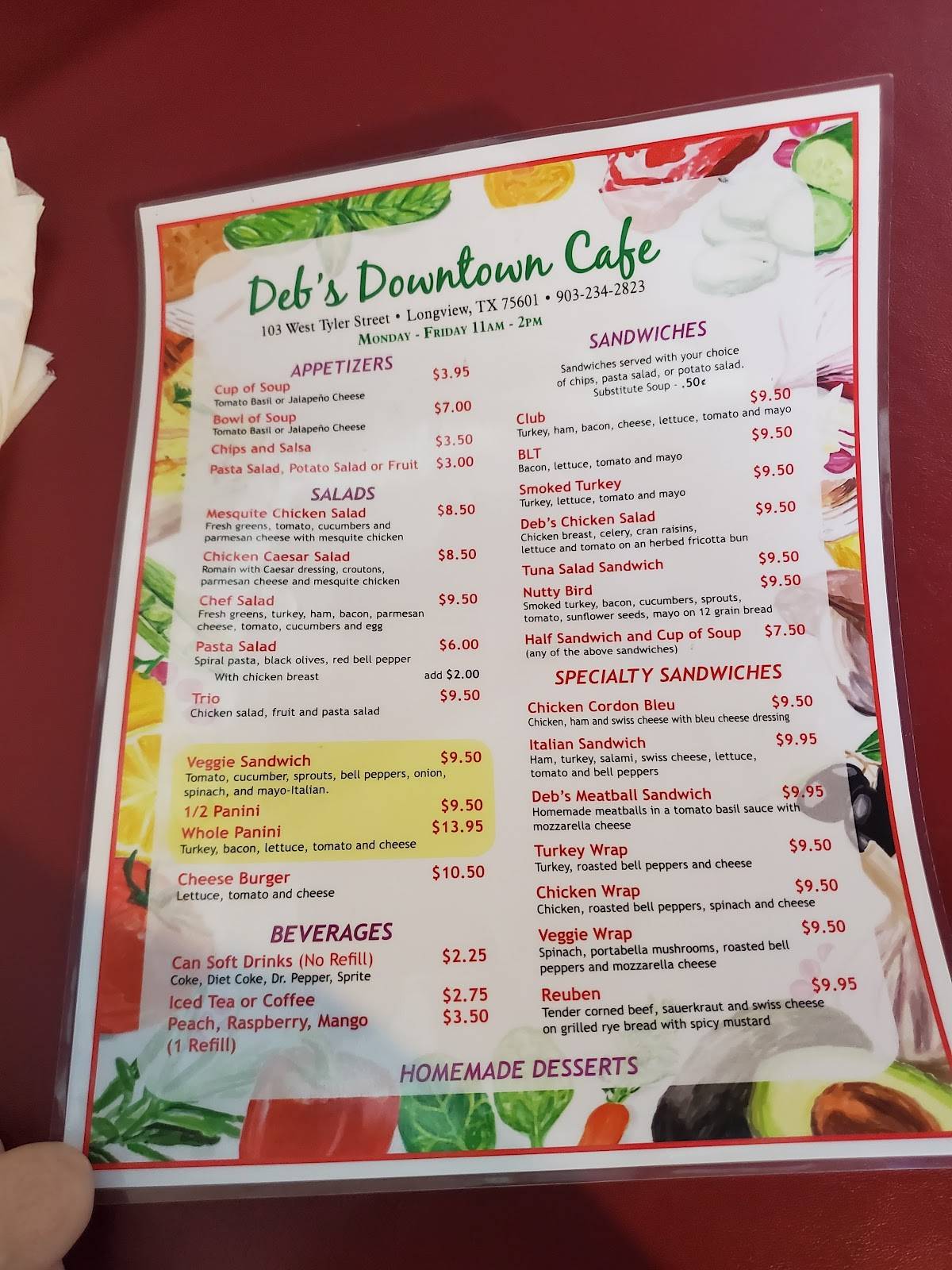Menu at Deb's Downtown Cafe, Longview