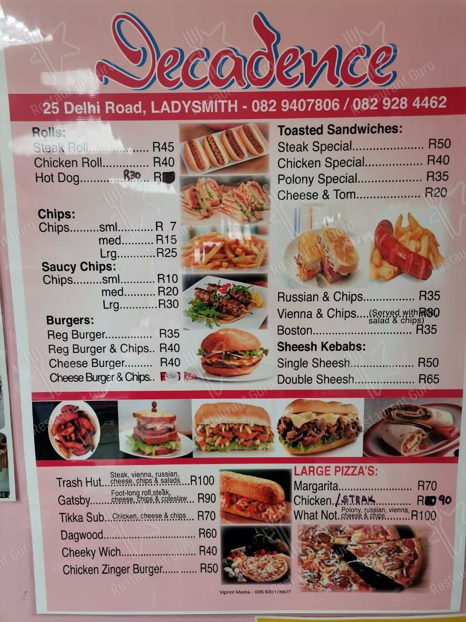 Menu at Decadence Bakery and Deli, Ladysmith