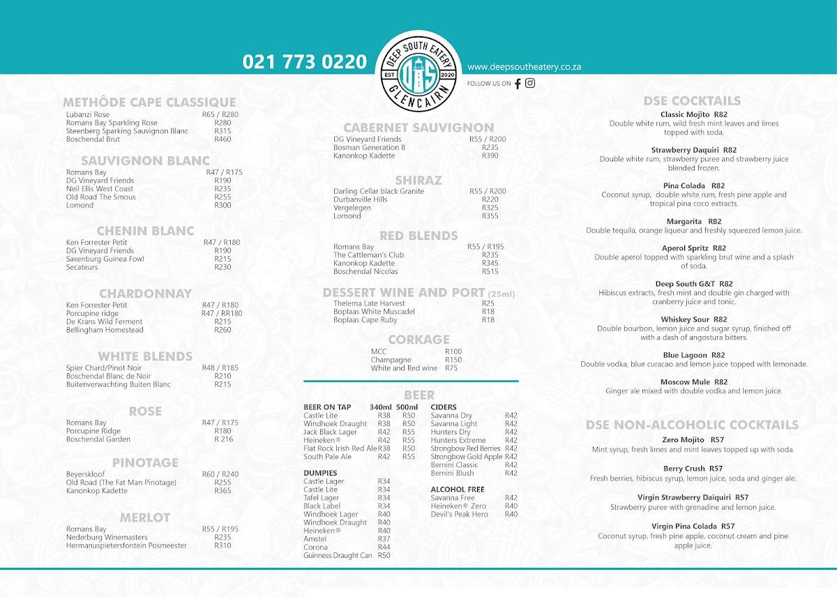 Carta del restaurante Deep South Eatery, Ciudad del Cabo