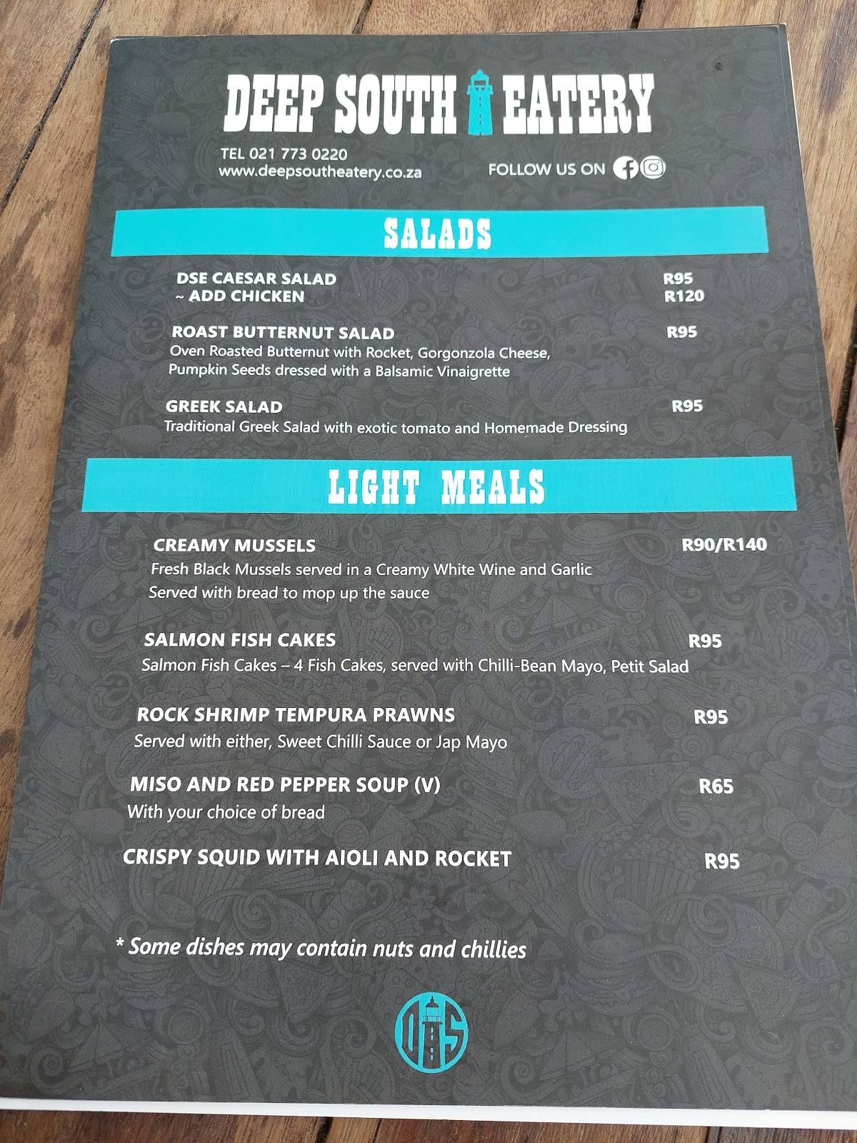 Menu au Deep South Eatery restaurant, Le Cap