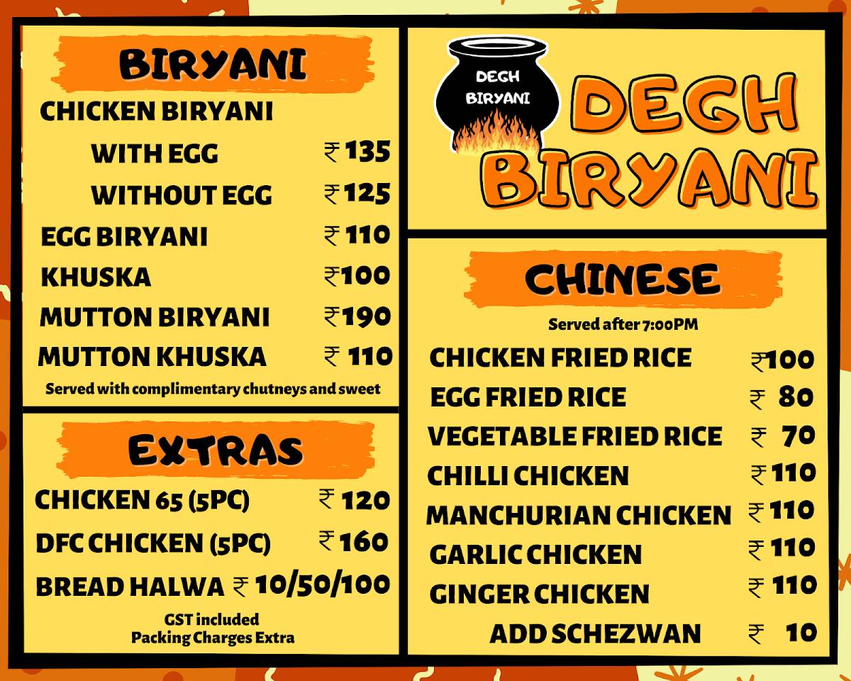 Menu at Degh Biryani, Chennai