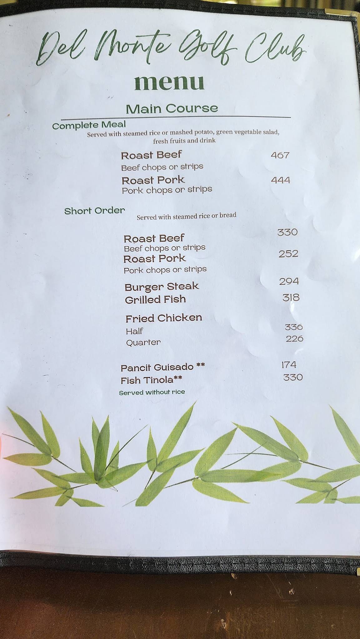 Menu at Del Monte Clubhouse, Manolo Fortich