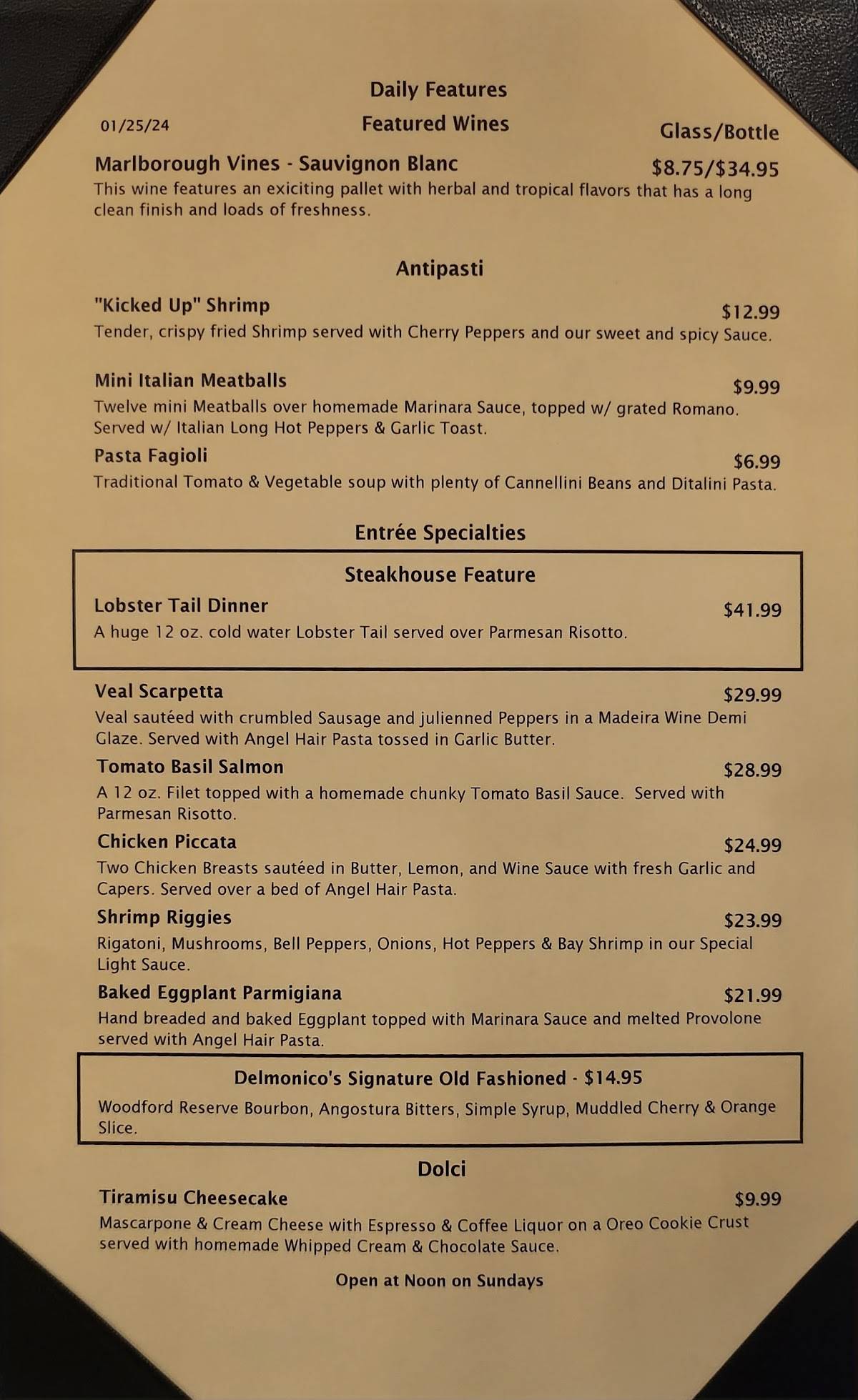 Menu at Delmonico's Italian Steakhouse, Albany