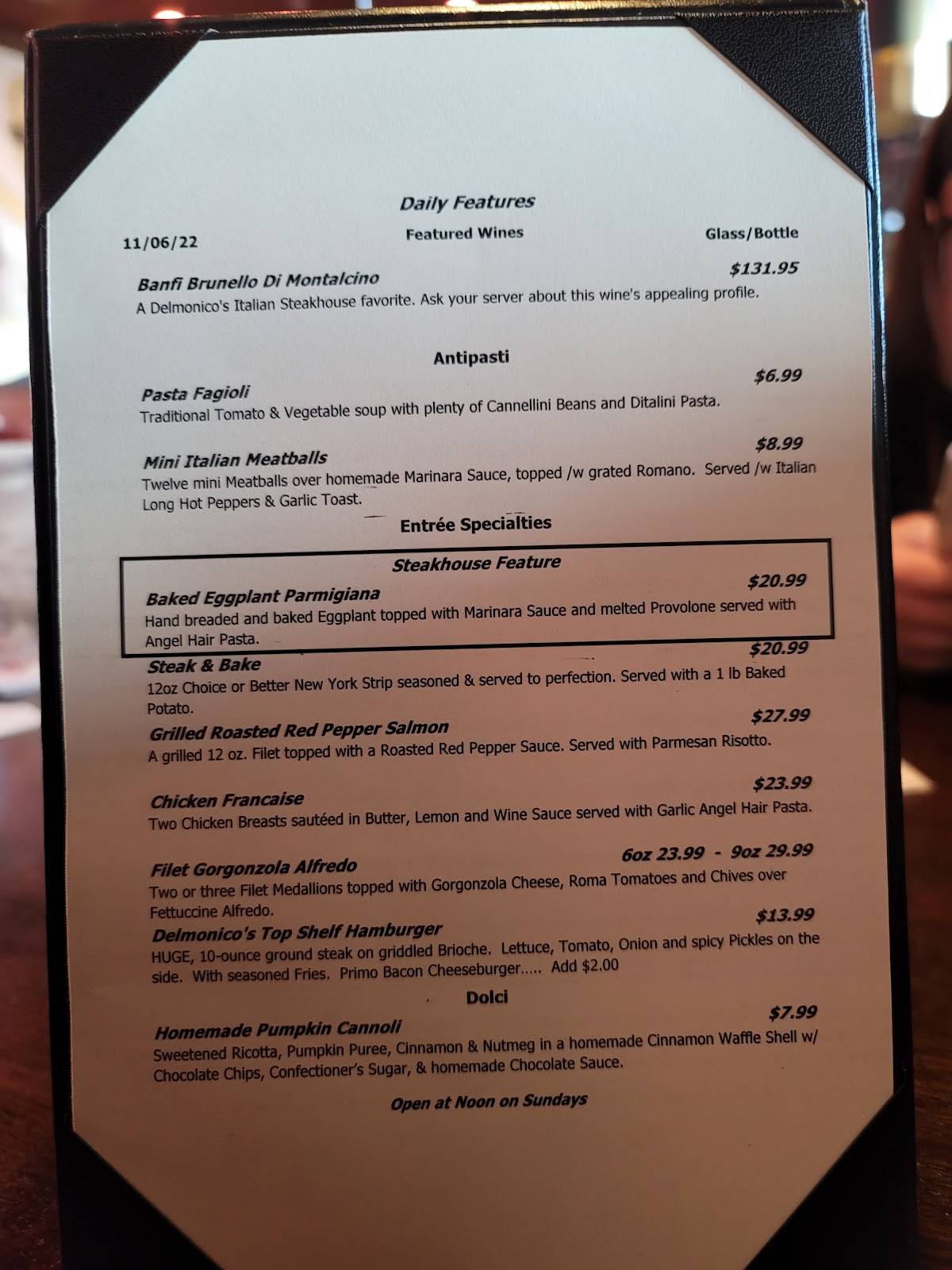 Menu at Delmonico's Syracuse steakhouse, Syracuse