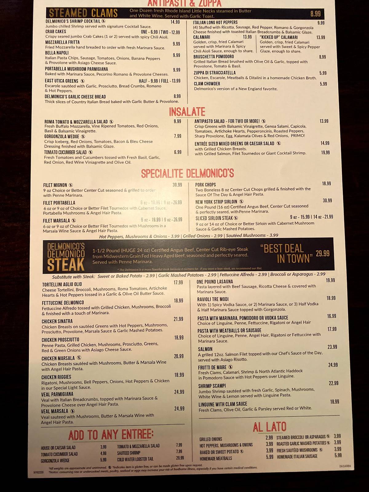 Menu at Delmonico's Syracuse steakhouse, Syracuse