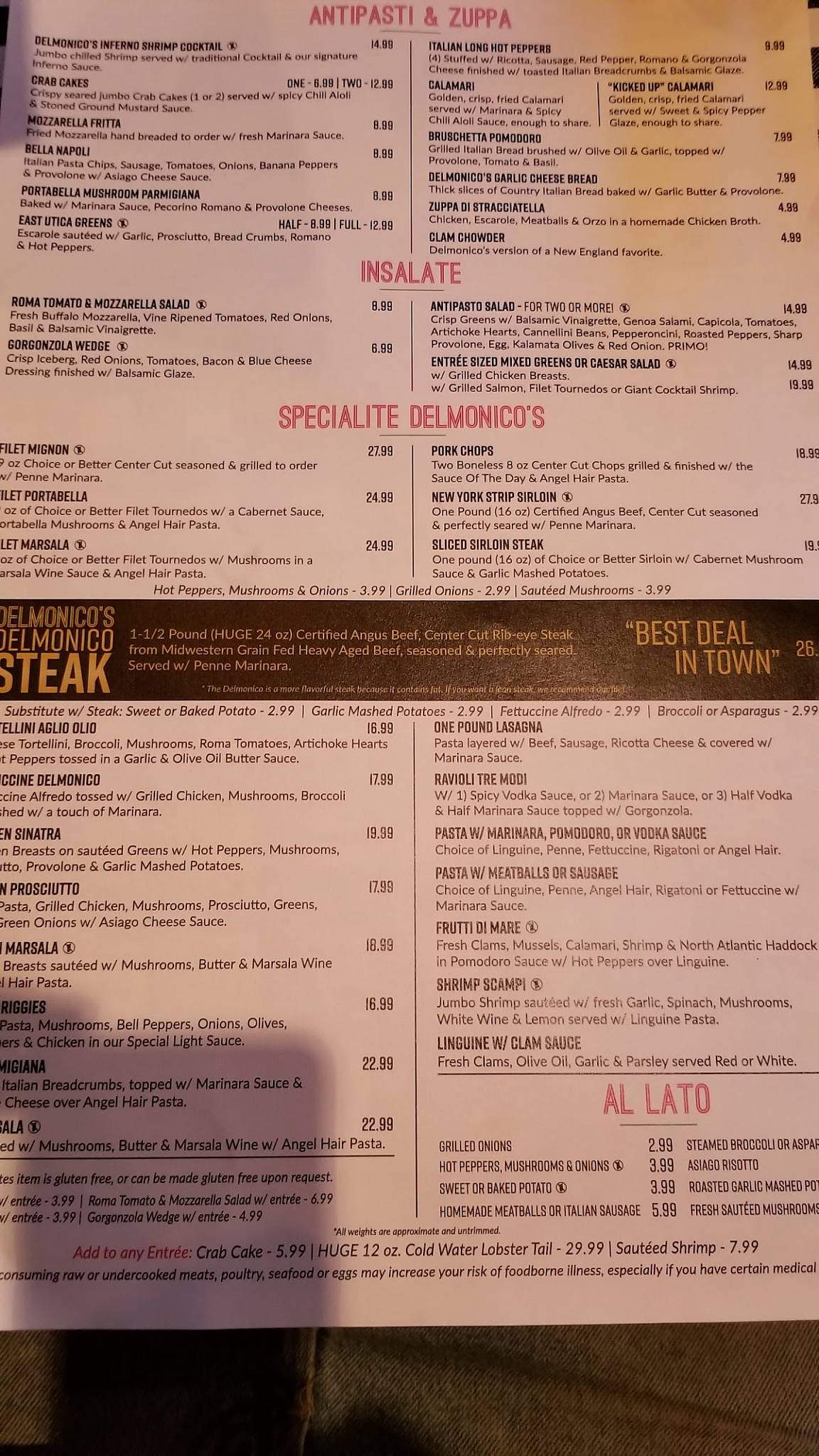 Menu at Delmonico's Syracuse steakhouse, Syracuse