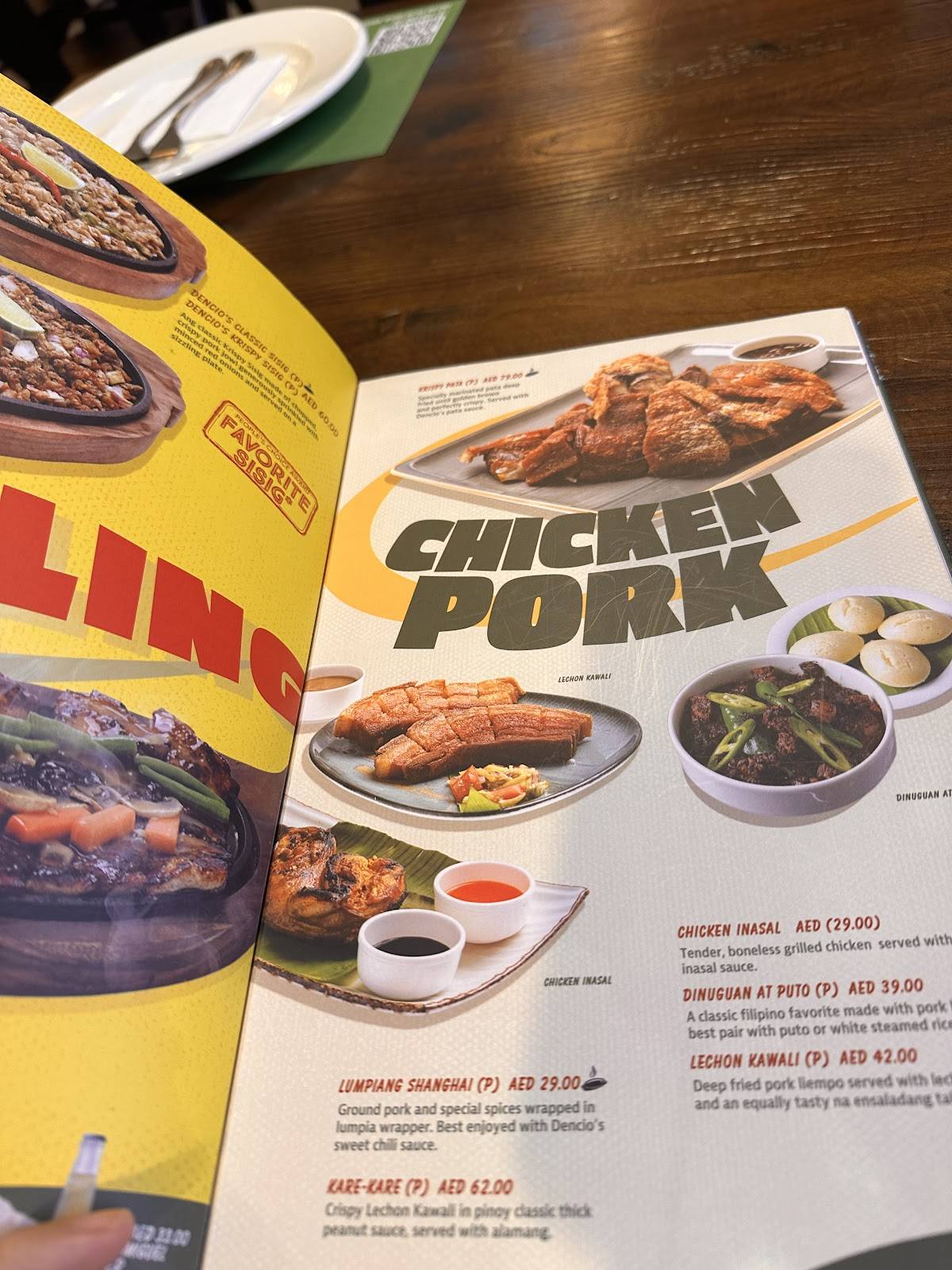 Menu at Dencio's UAE restaurant, Dubai