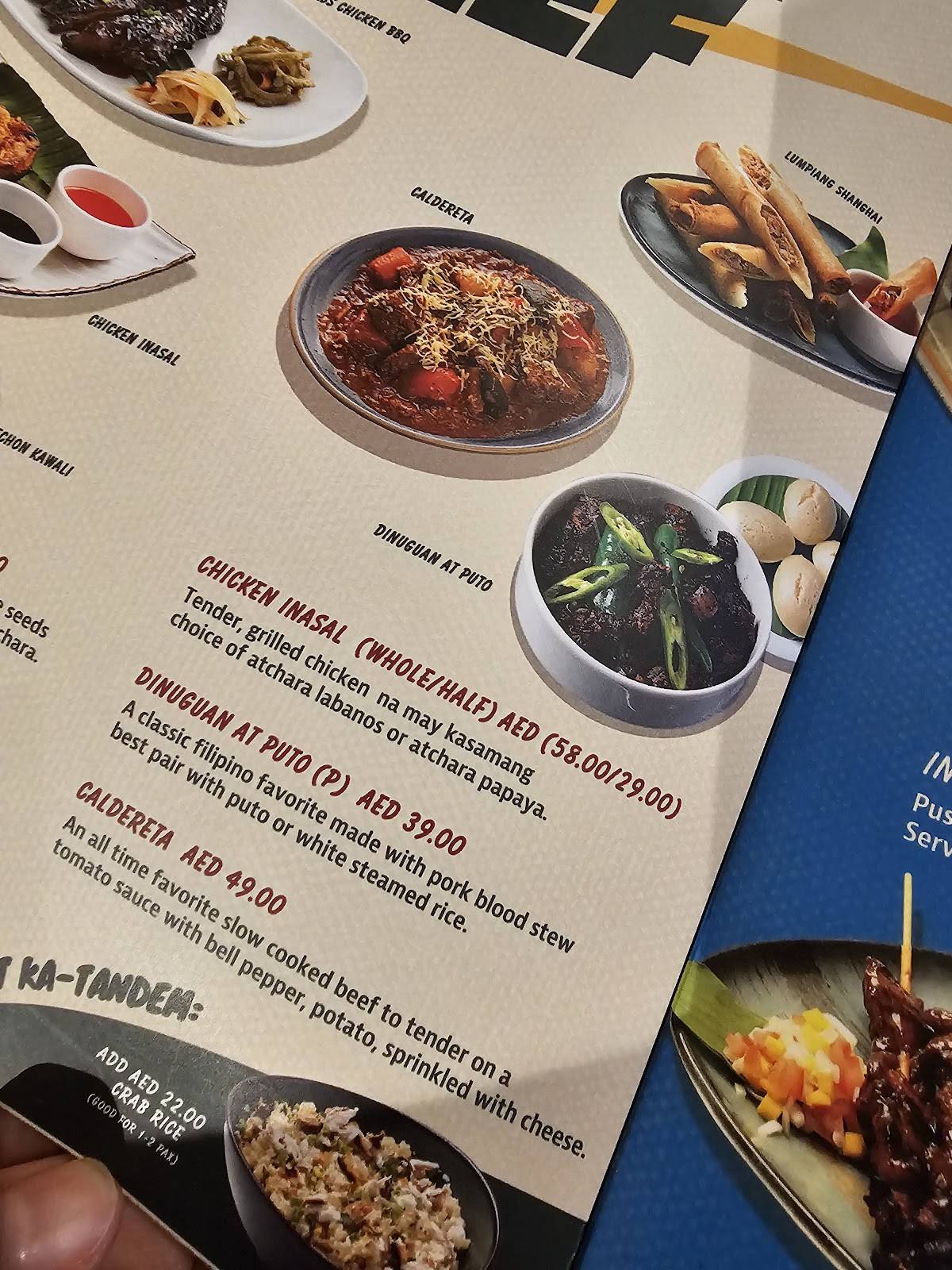 Menu at Dencio's UAE restaurant, Dubai
