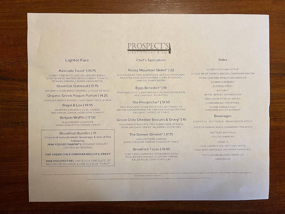 Menu at Prospect's Urban Kitchen & Bar, Denver