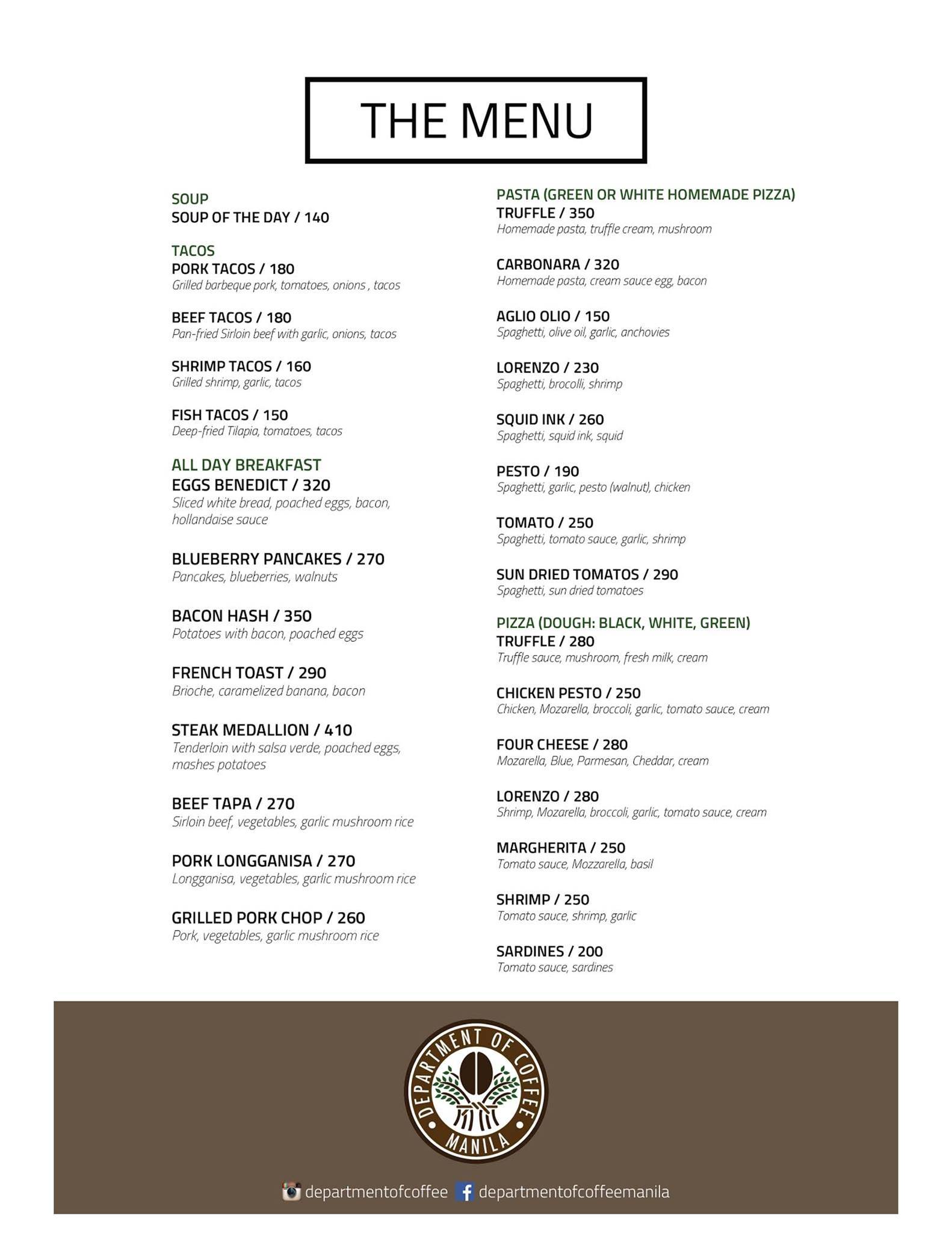 Menu at Department Of Coffee cafe, Quezon City