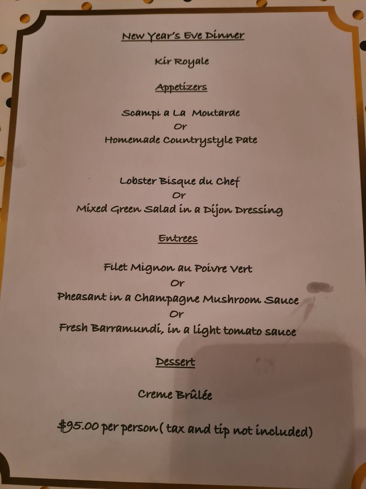 Menu at Le Chat Noir French Restaurant, Riverside