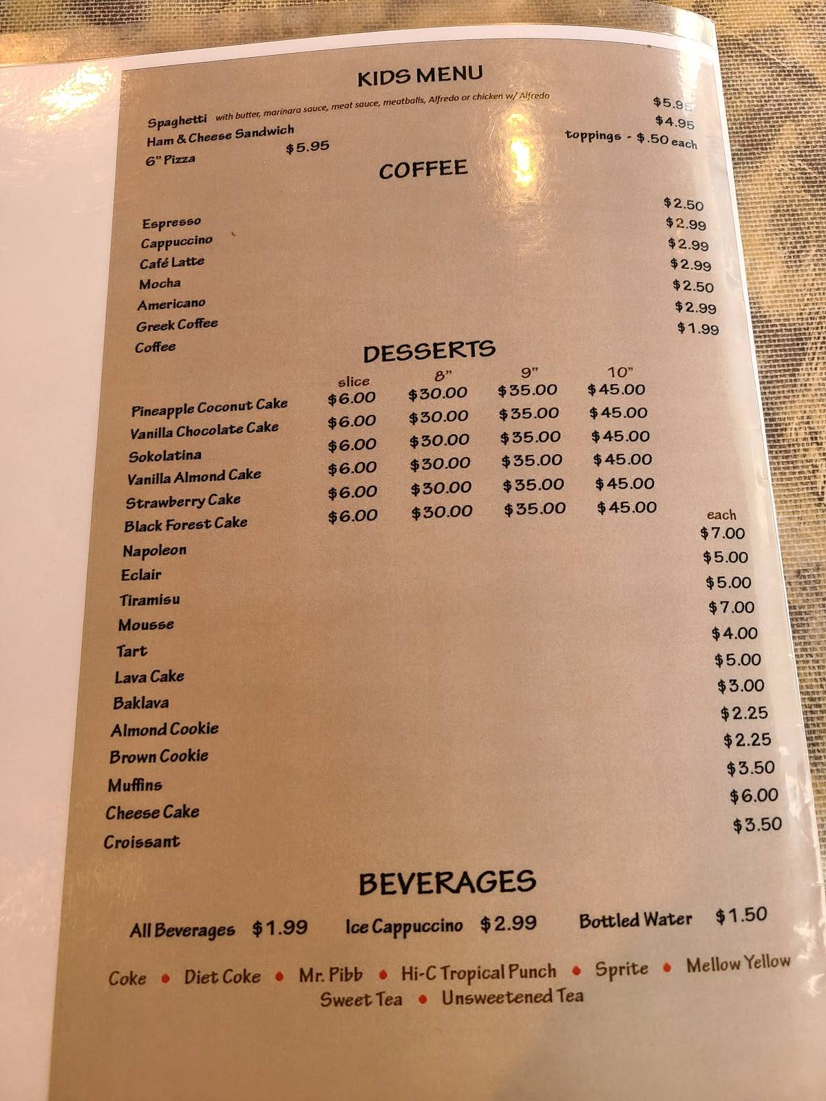 Menu at Sokolata desserts, South Charleston