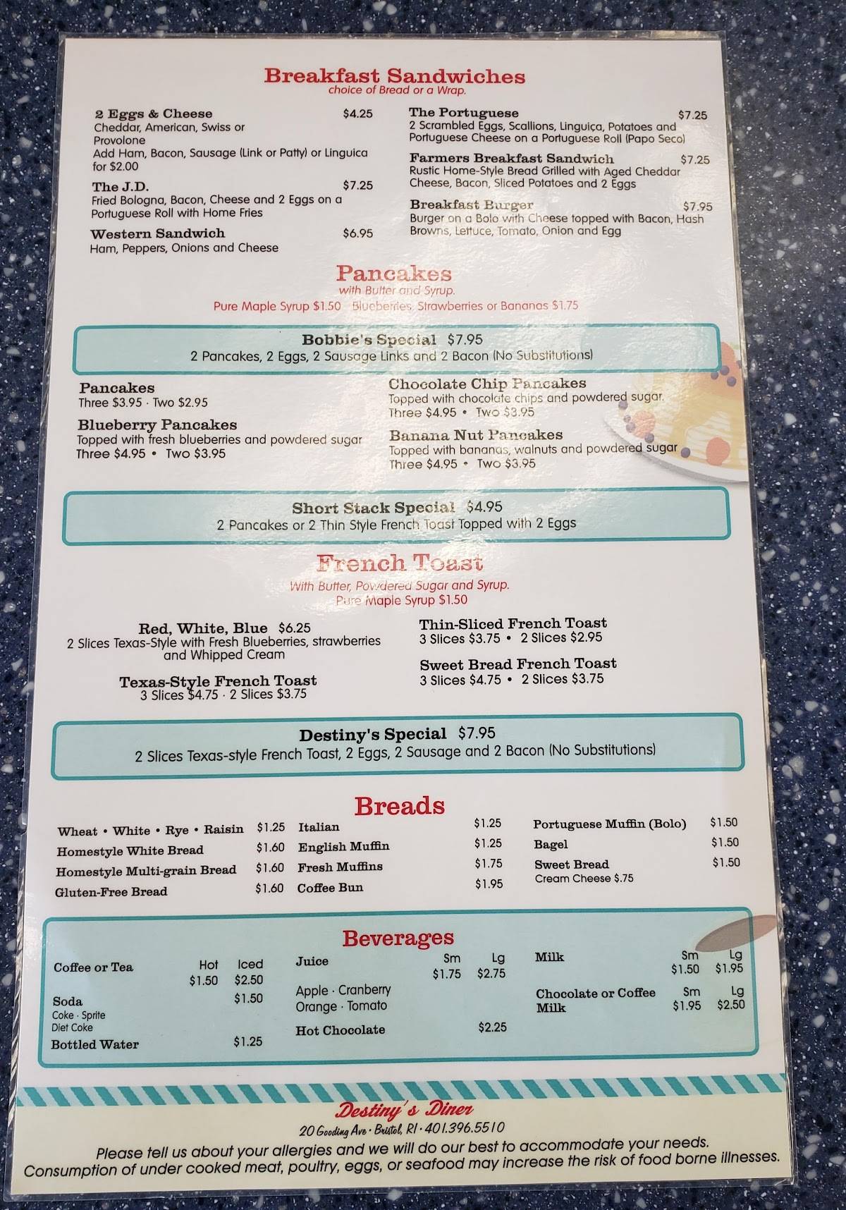 Menu at Destiny's Diner restaurant, Bristol