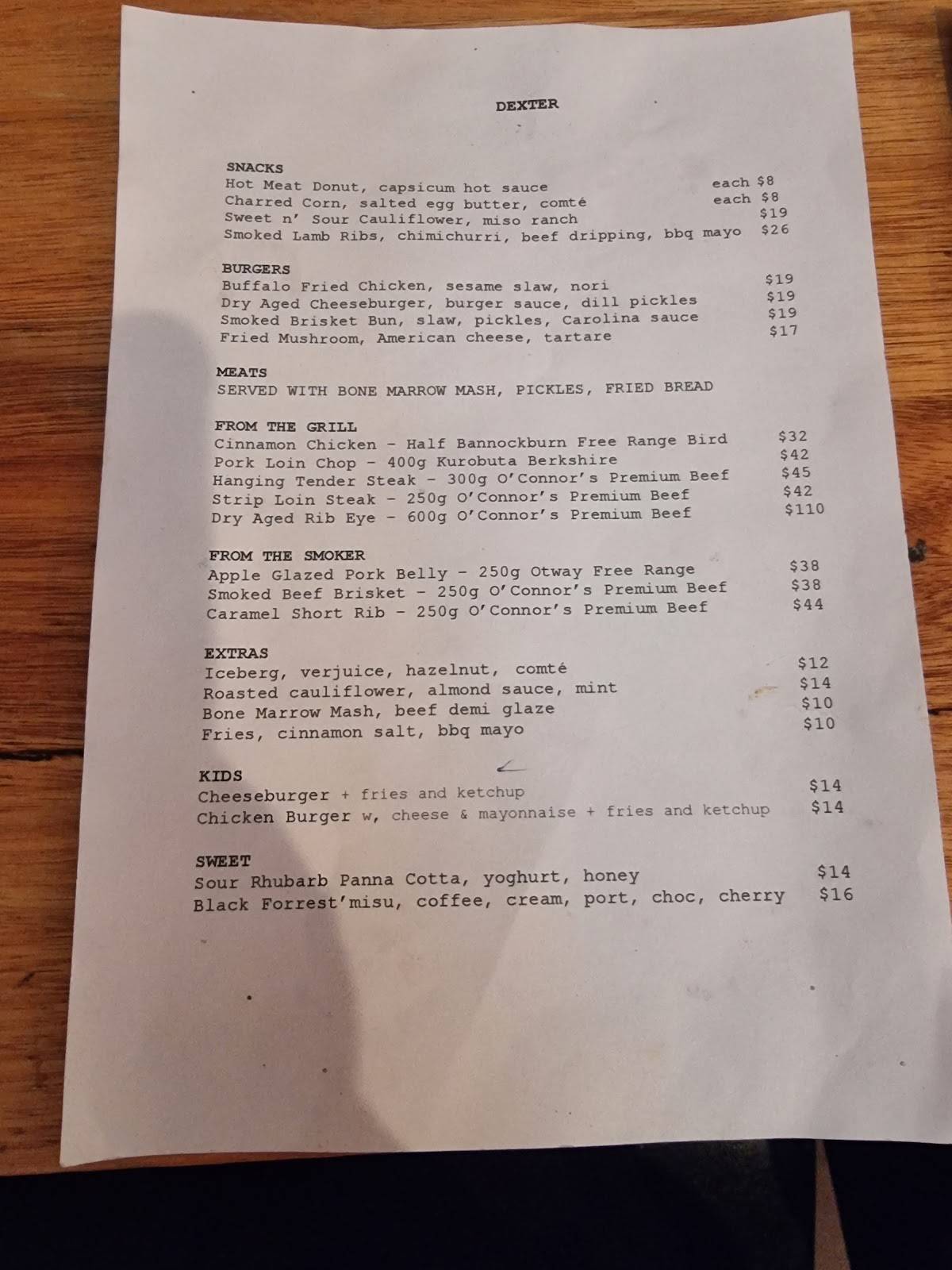Menu at Dexter restaurant, Preston
