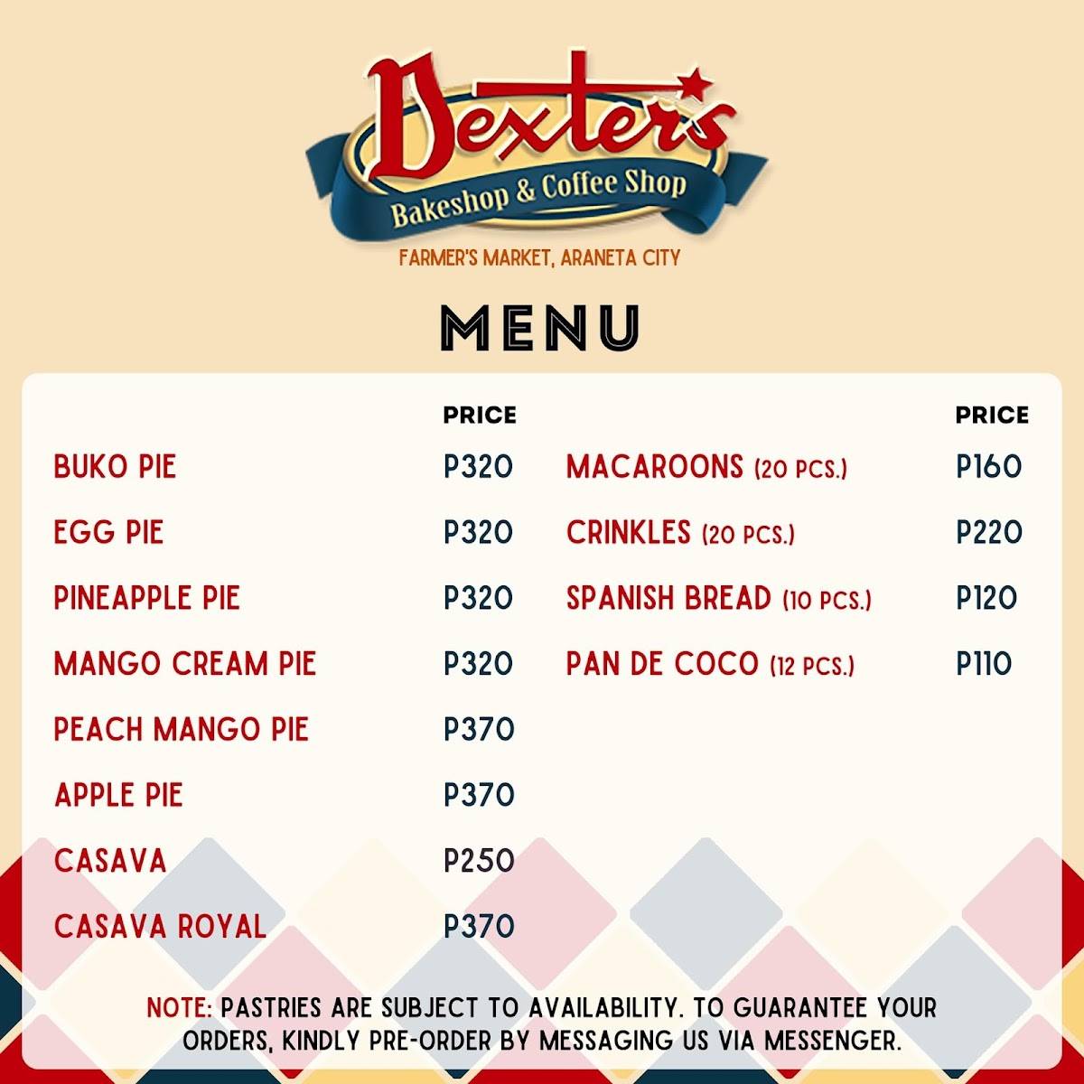 Menu at Dexter's Bakeshop - Farmer's Market, Quezon City, Stall No. 7 ...