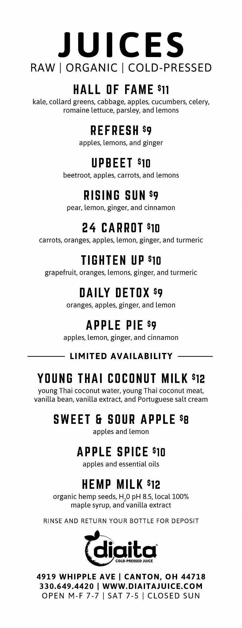 Menu at Diaita Cold Pressed Juice pub & bar, Canton, Whipple Ave NW