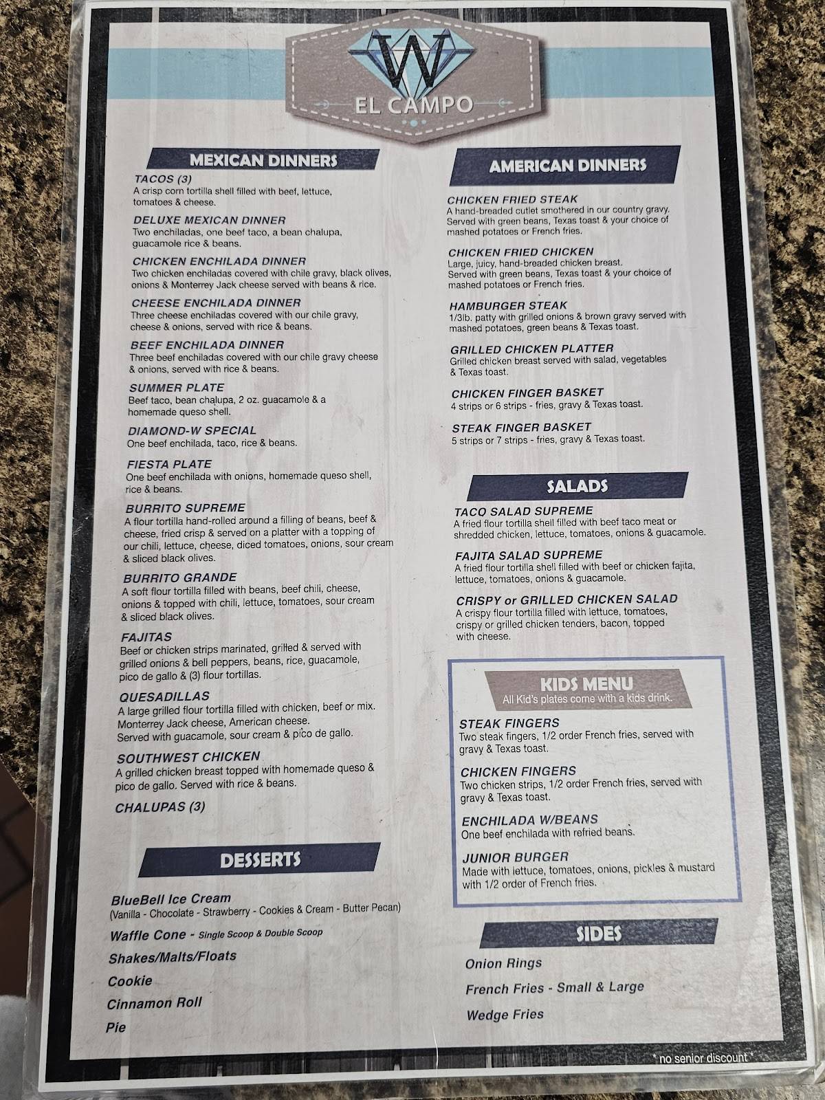 Menu at Diamond W restaurant, El Campo