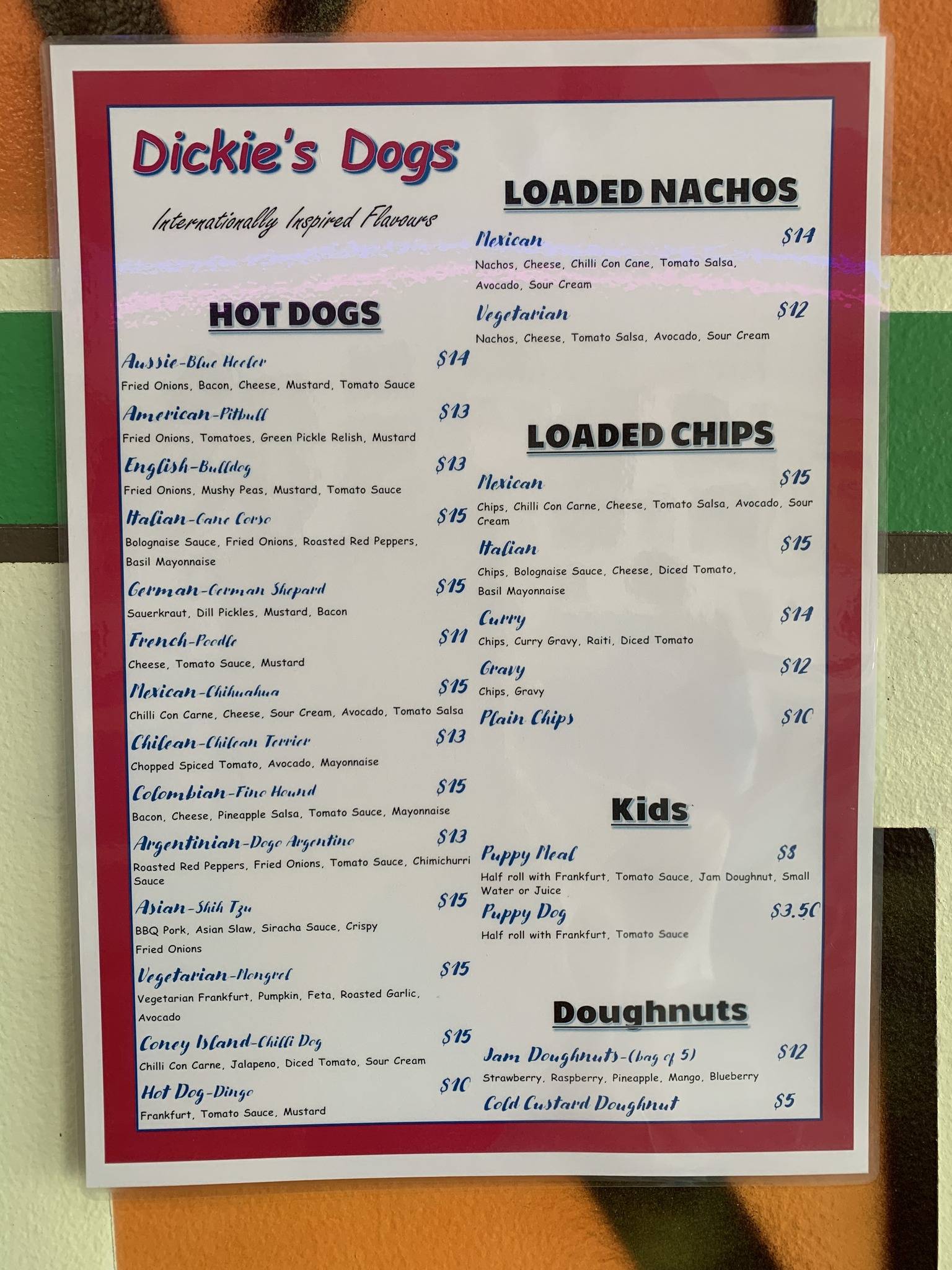 Menu at Dickie's Dogs restaurant, Airlie Beach