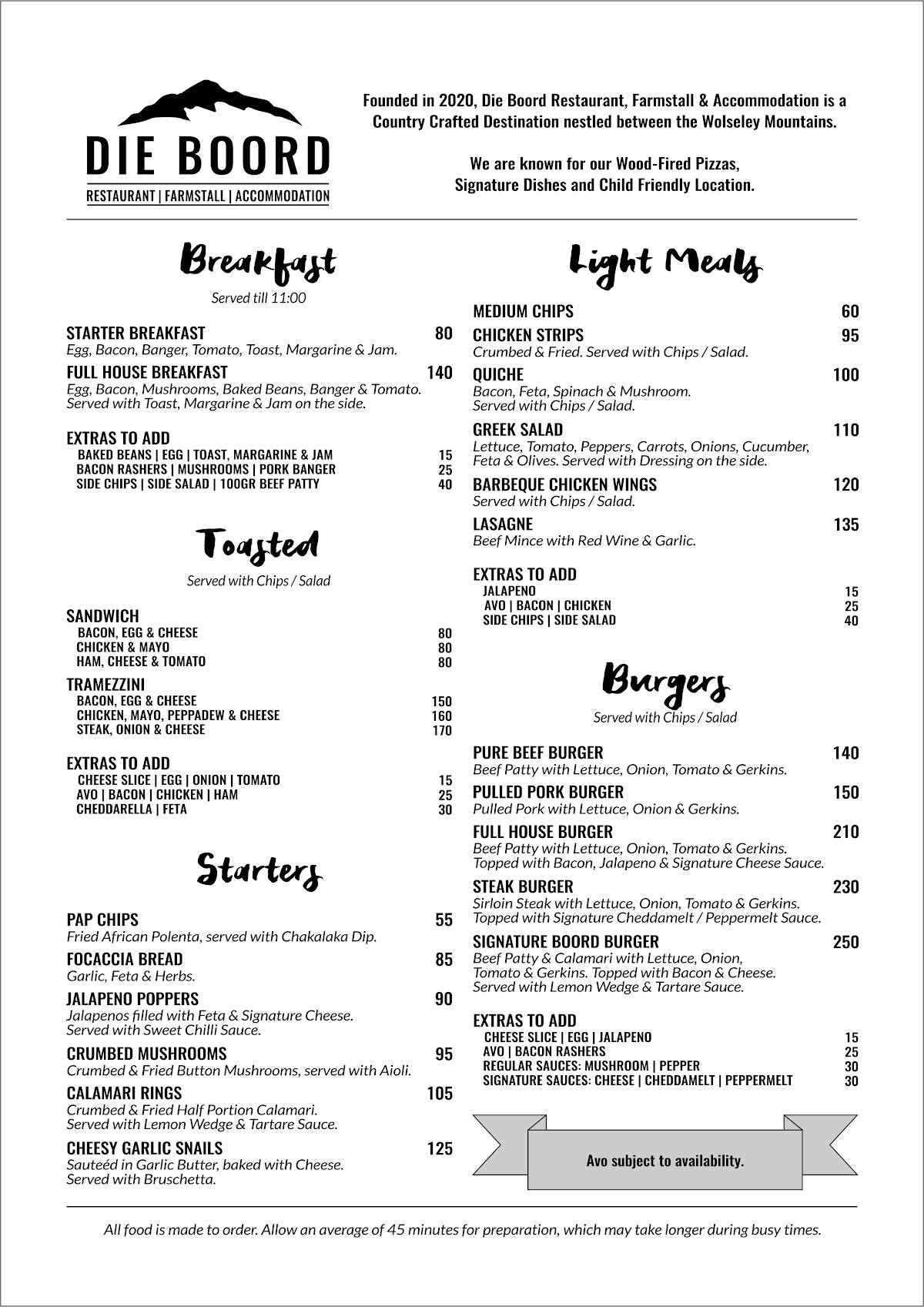 Menu at Die Boord Restaurant & Farmstall, Wolseley