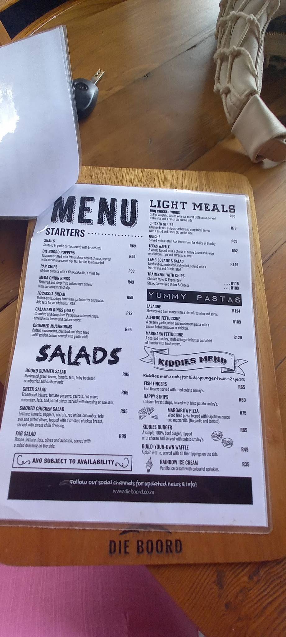 Menu at Die Boord Restaurant & Farmstall, Wolseley