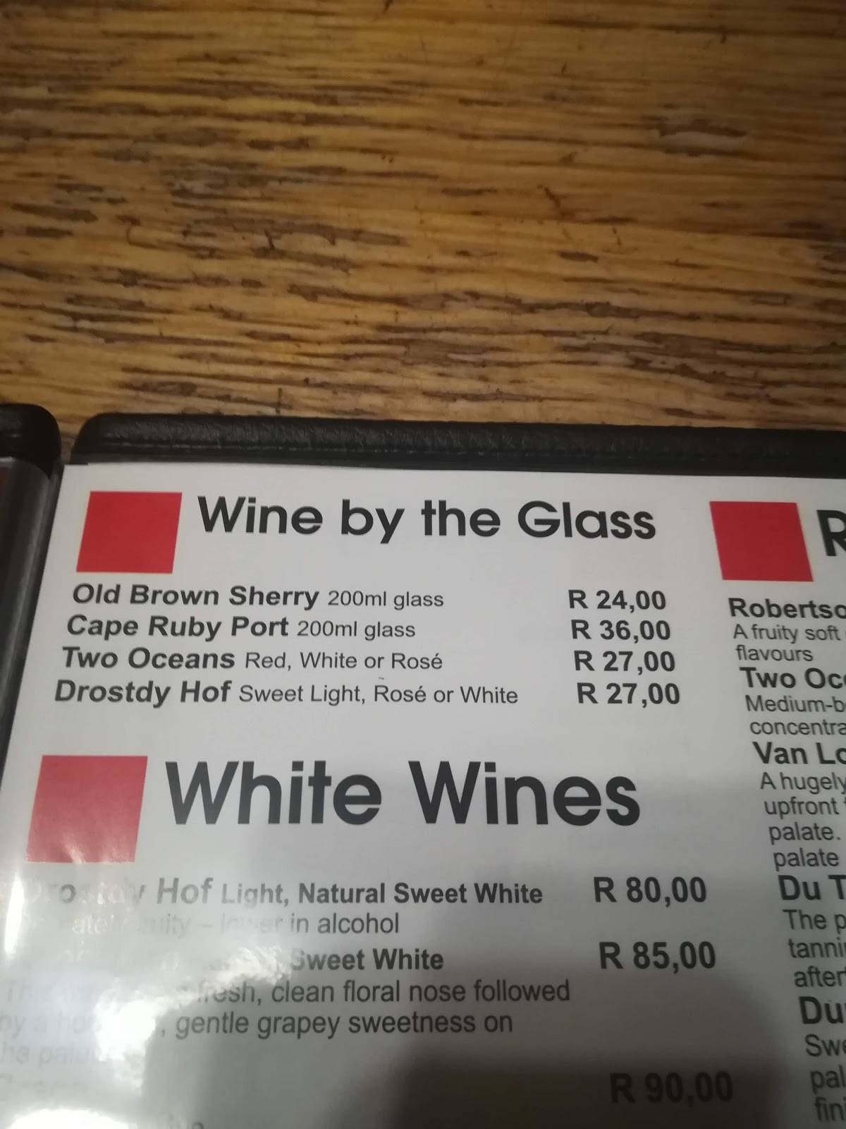 Menu at Die Wit Huis restaurant, Pretoria