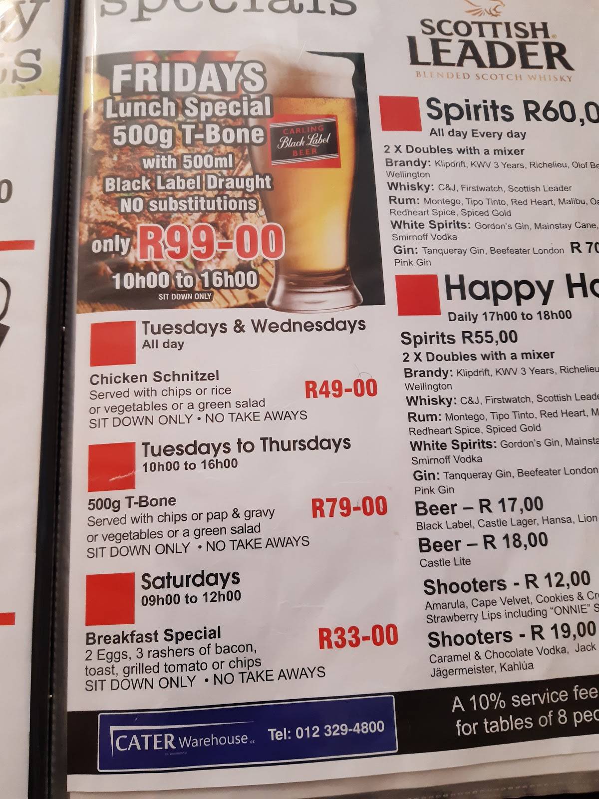 Menu at Die Wit Huis restaurant, Pretoria