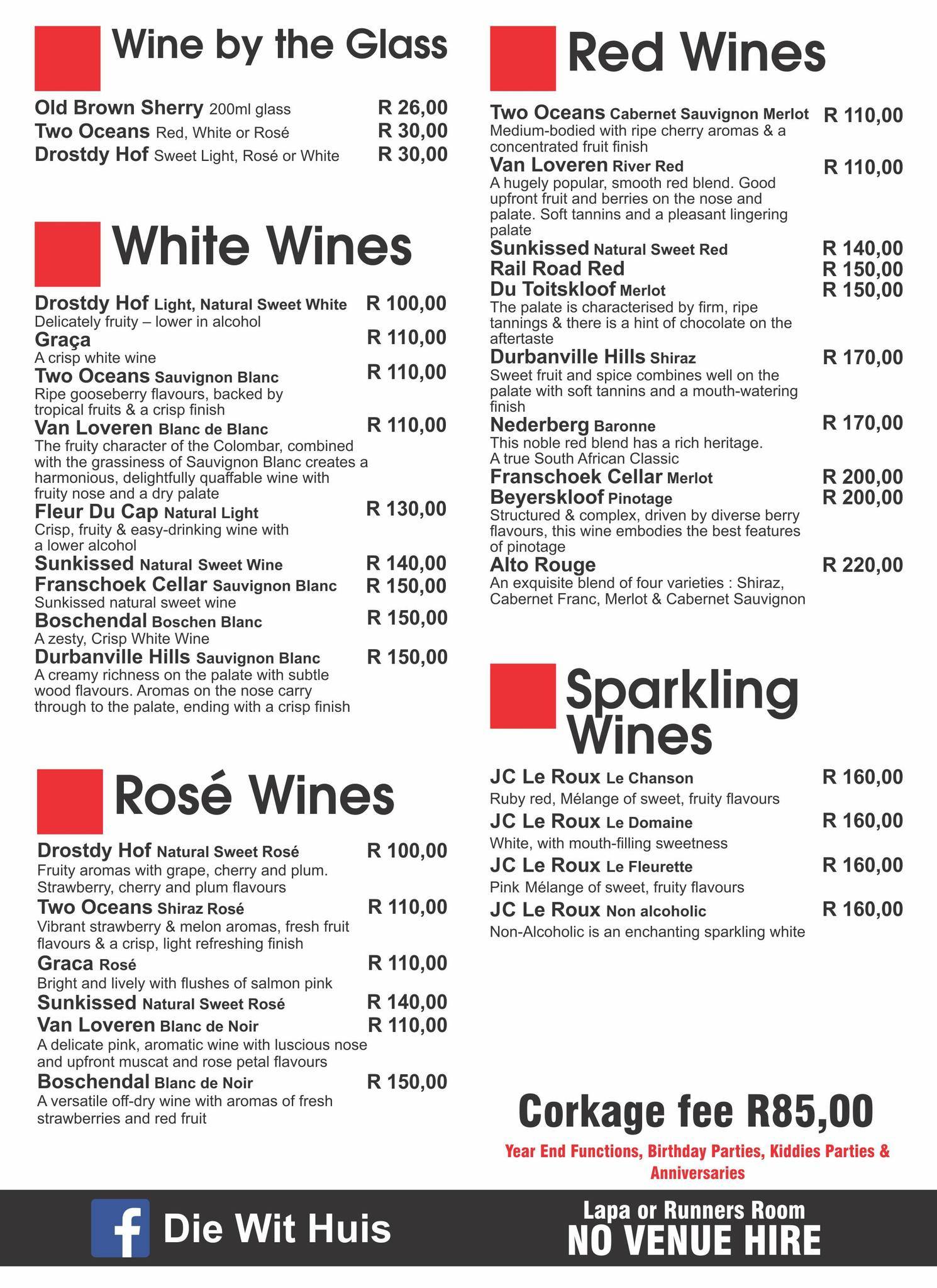 Menu at Die Wit Huis restaurant, Pretoria