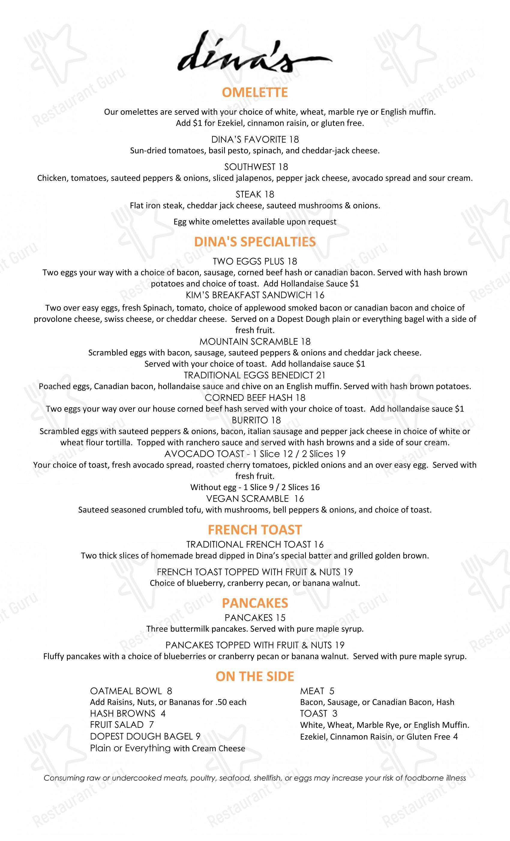 Menu at Dina's restaurant, Ellicottville
