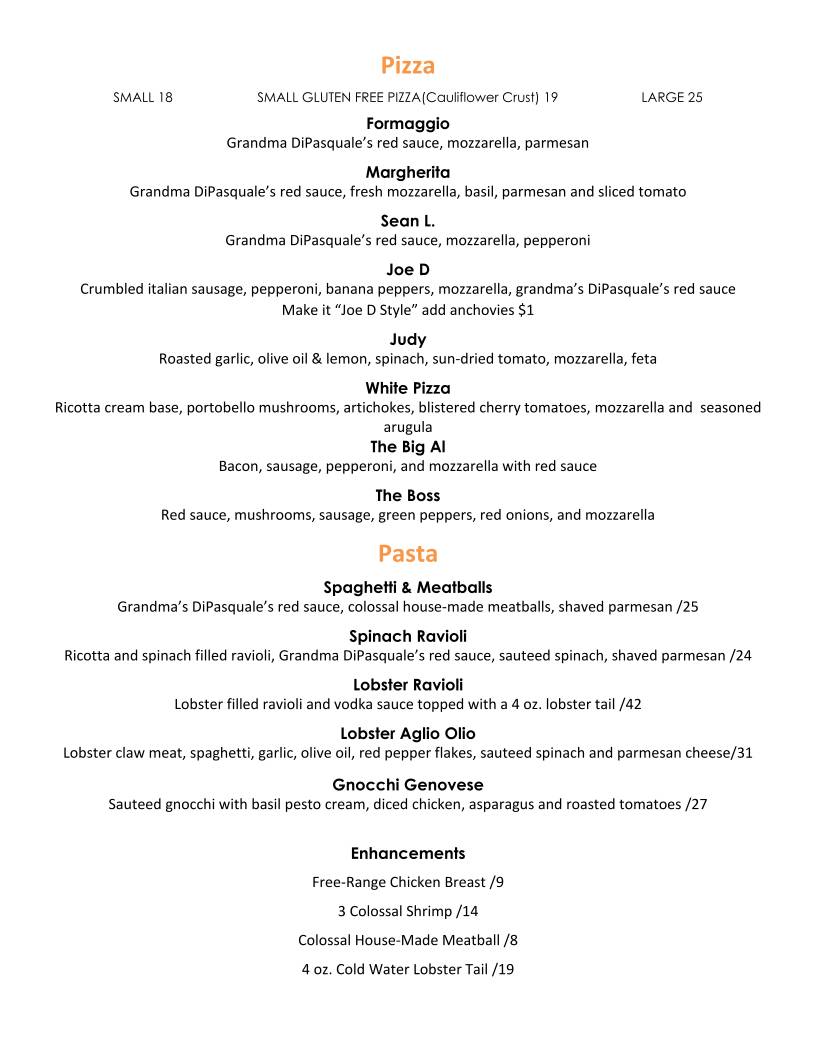 Menu at Dina's restaurant, Ellicottville