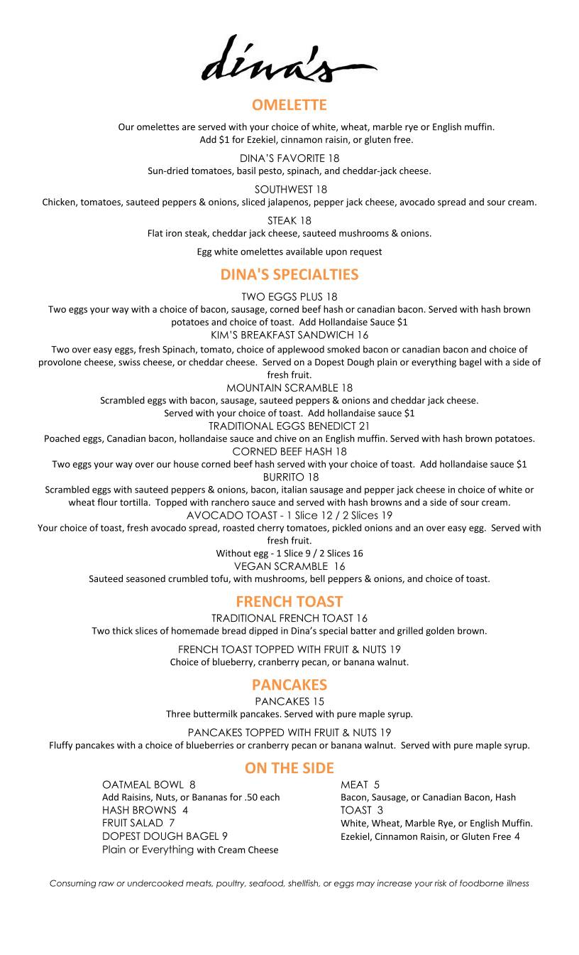 Menu at Dina's restaurant, Ellicottville