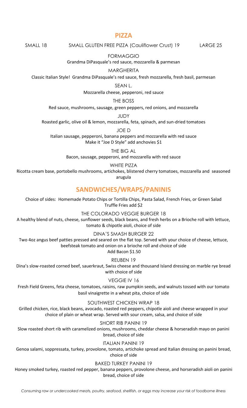 Menu at Dina's restaurant, Ellicottville