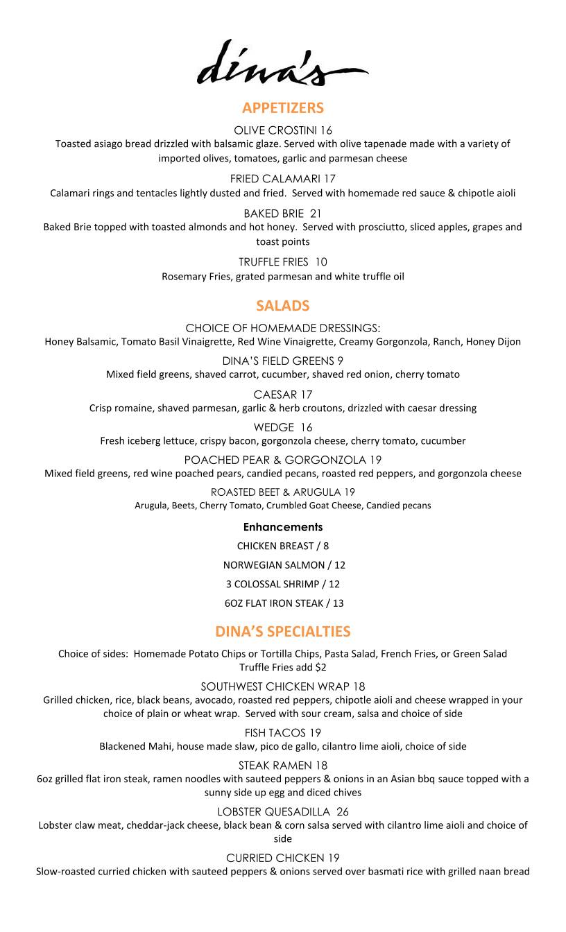 Menu at Dina's restaurant, Ellicottville