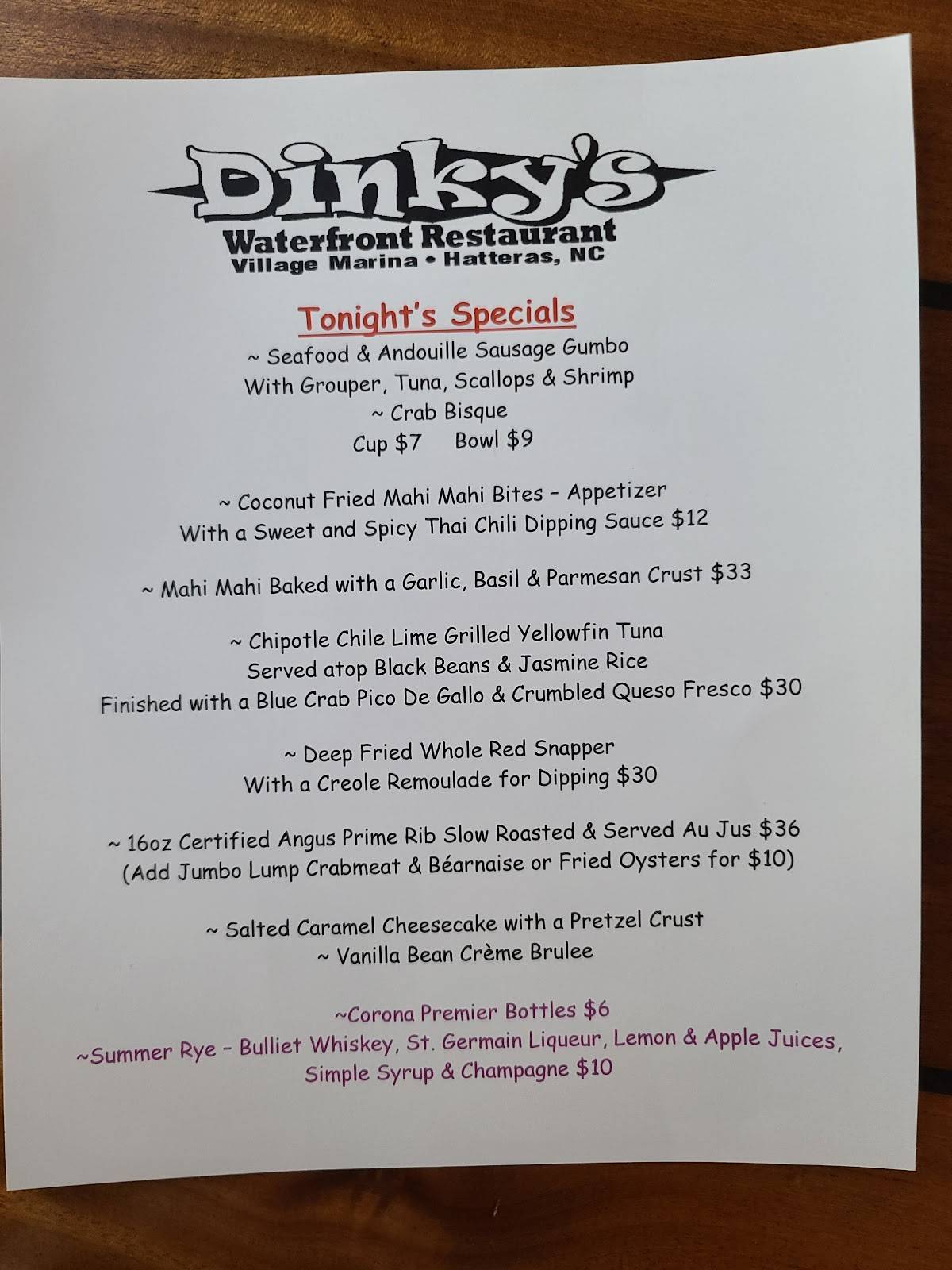 Menu at Dinky's Waterfront Restaurant, Hatteras