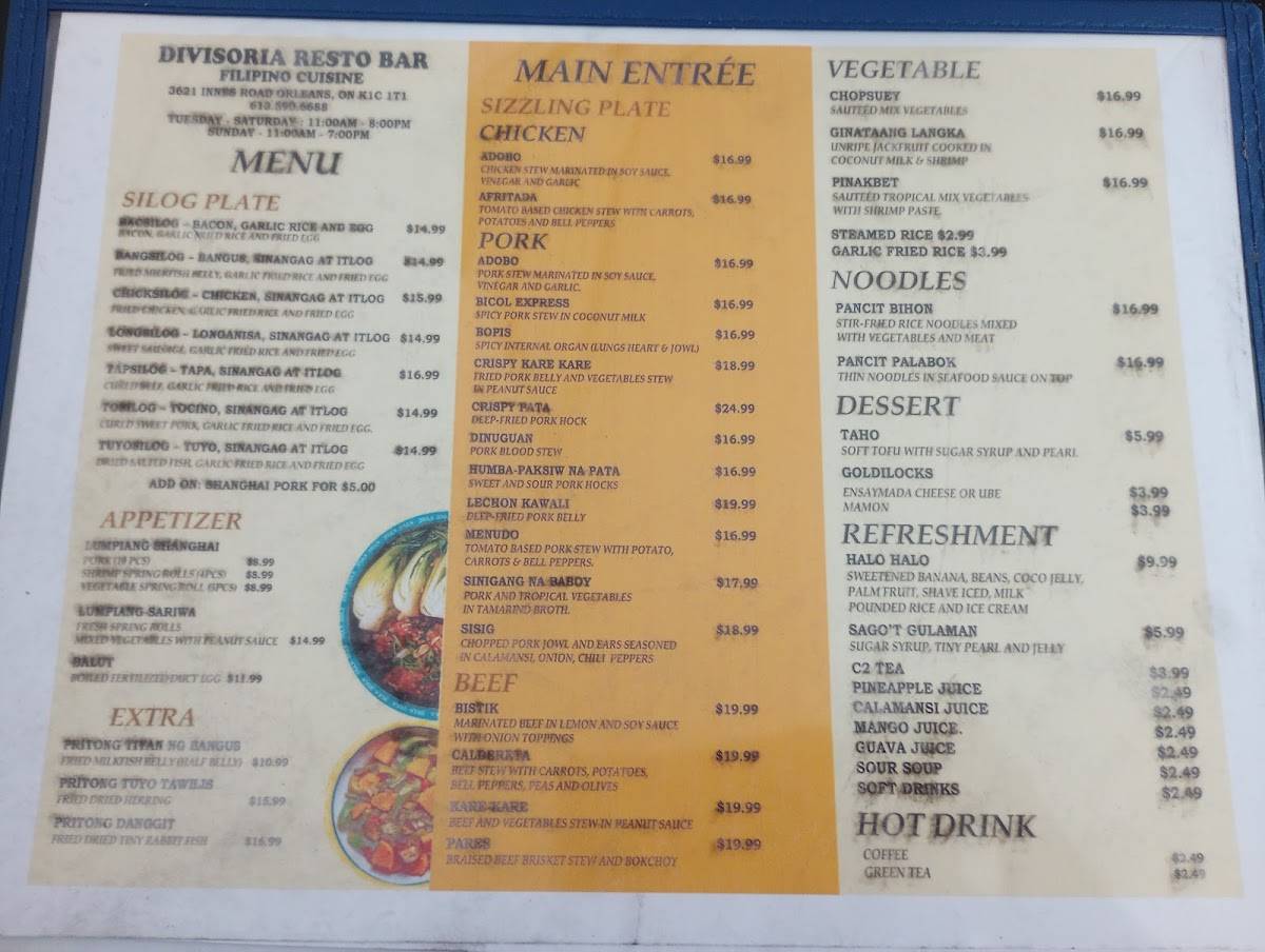 Menu au Divisoria Resto Bar, Ottawa