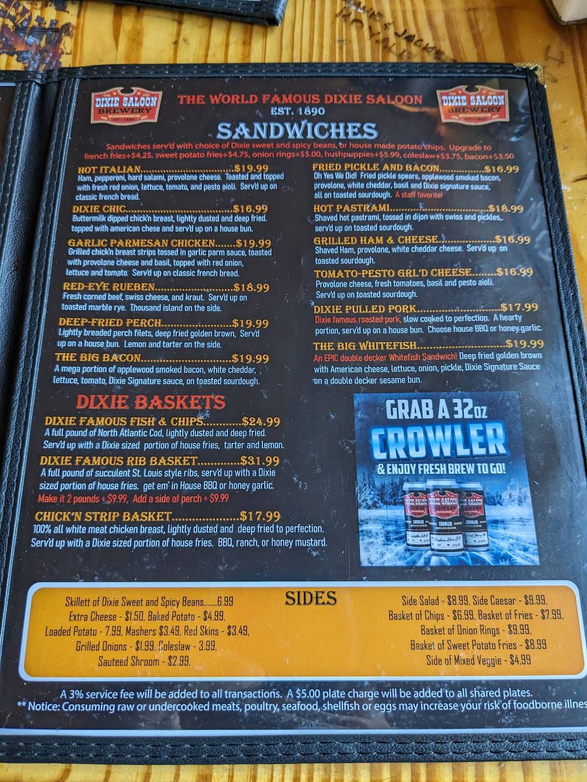 Menu at Dixie Saloon pub & bar, Mackinaw City, 401 E Central Ave