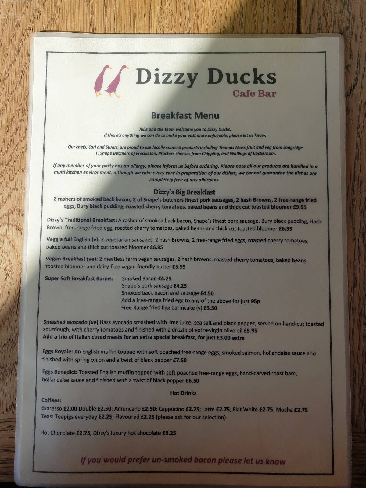 Menu at Dizzy Ducks Bistro cafe, Ribby-with-Wrea