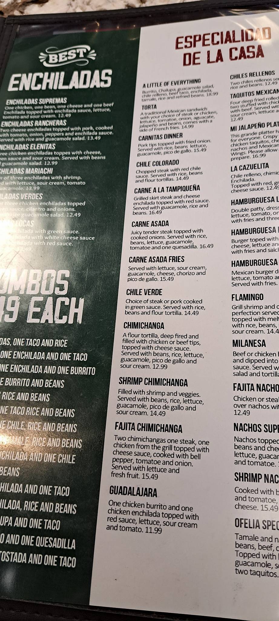 Menu at Casa Mariachi restaurant, Dodge City