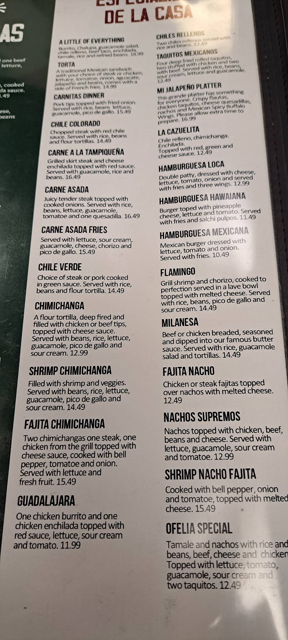 Menu at Casa Mariachi restaurant, Dodge City