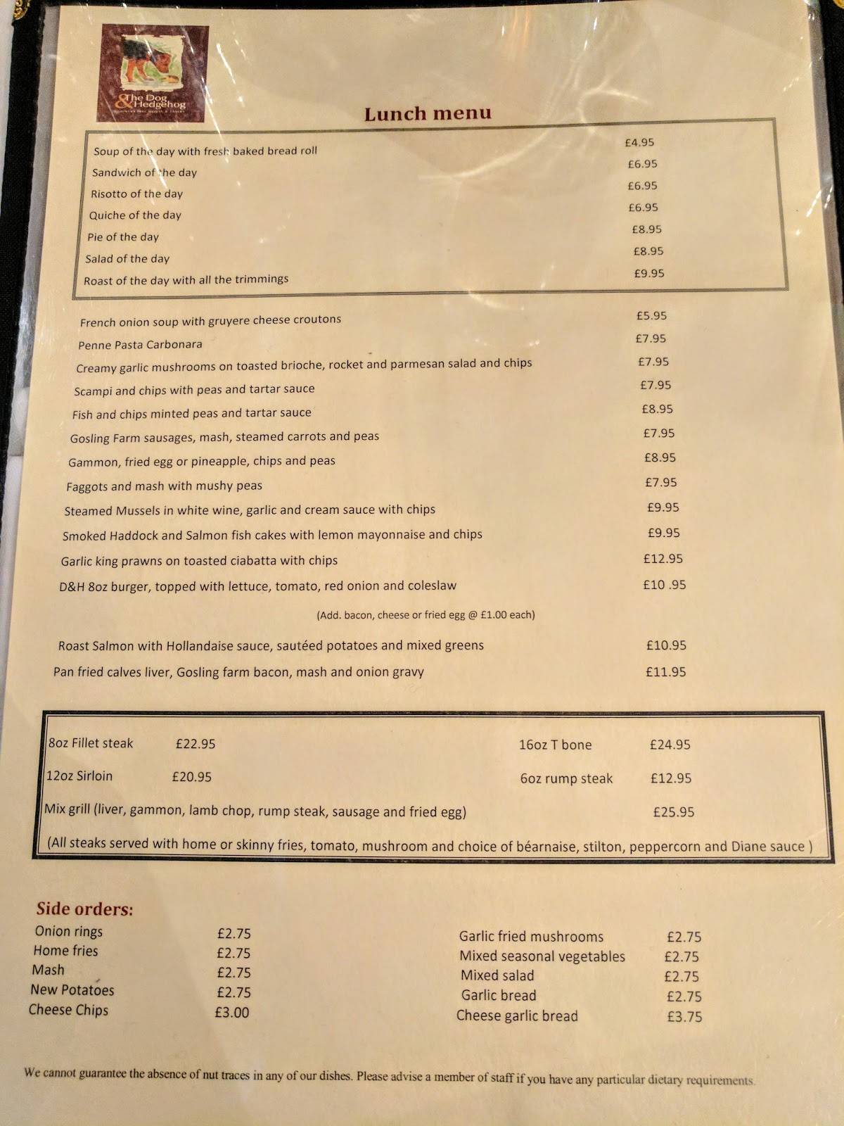 Menu at Dog & Hedgehog Inn pub & bar, Nuneaton