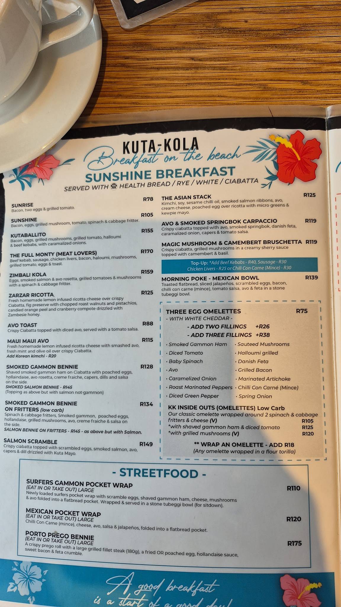 Menu at Kuta-Kola restaurant, Dolphin Coast