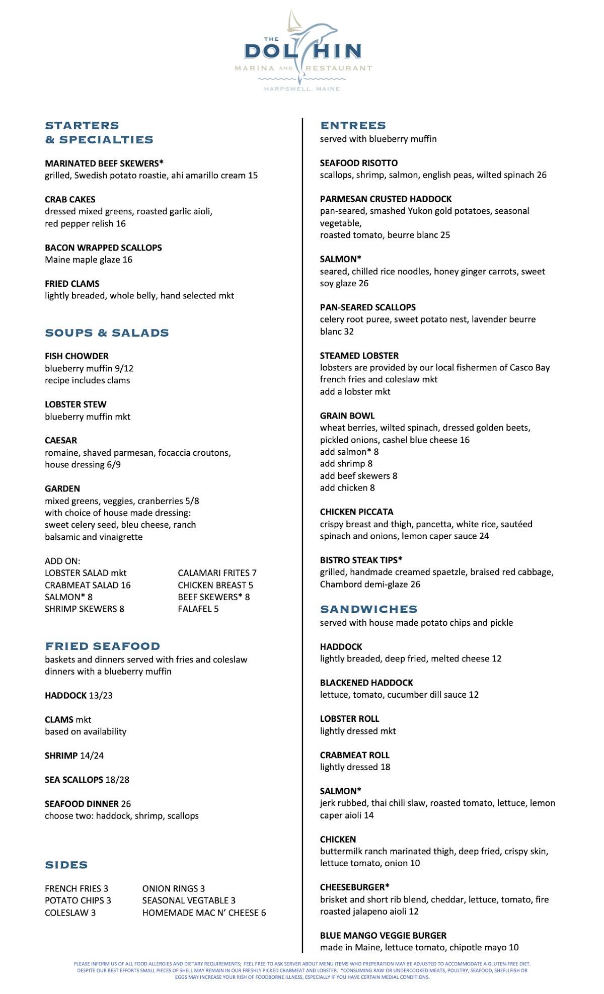 Menu at Dolphin Marina & Restaurant, Harpswell
