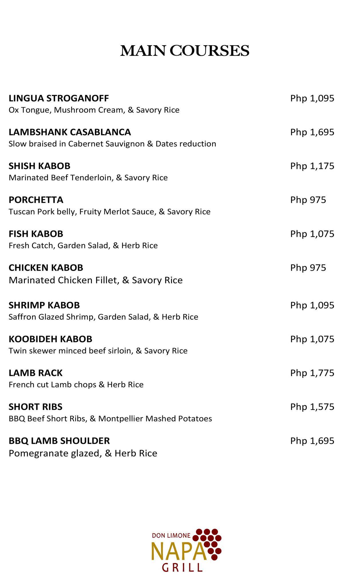 Menu at Don Limone Napa Grill restaurant, Tagaytay