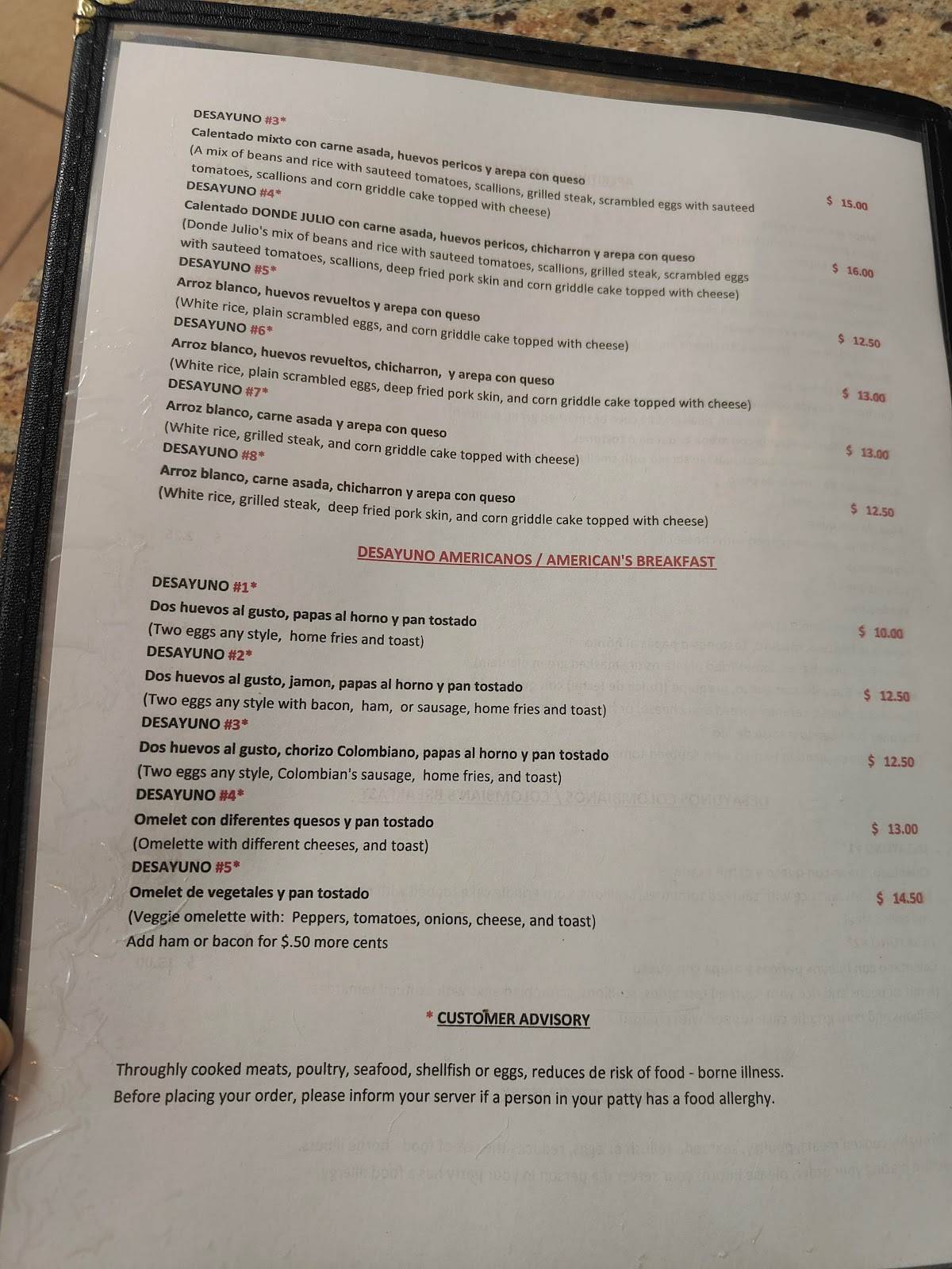 Menu at Donde Julio Restaurant 2, Clearwater