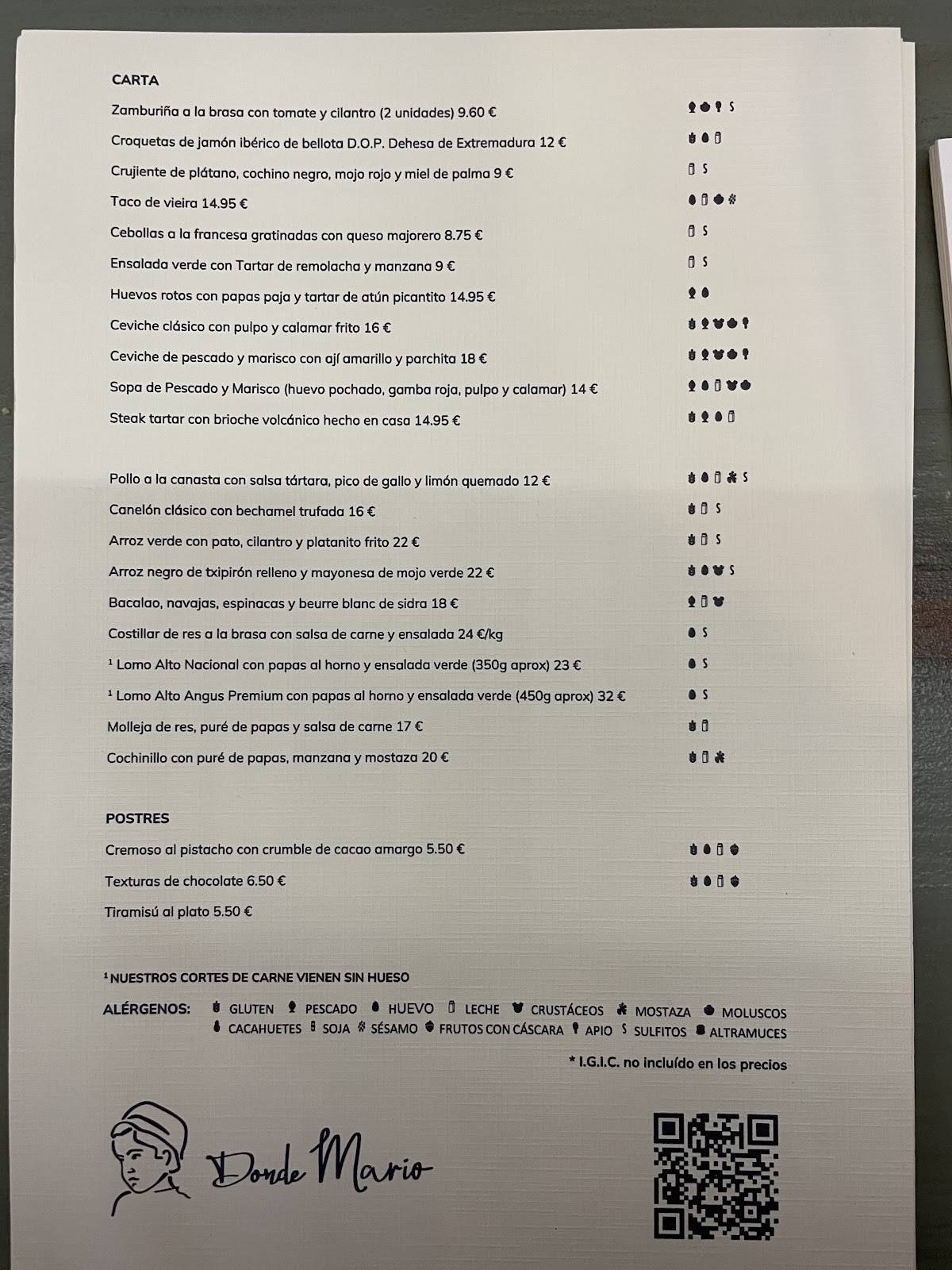 Carta del restaurante Donde Mario, Santa Úrsula