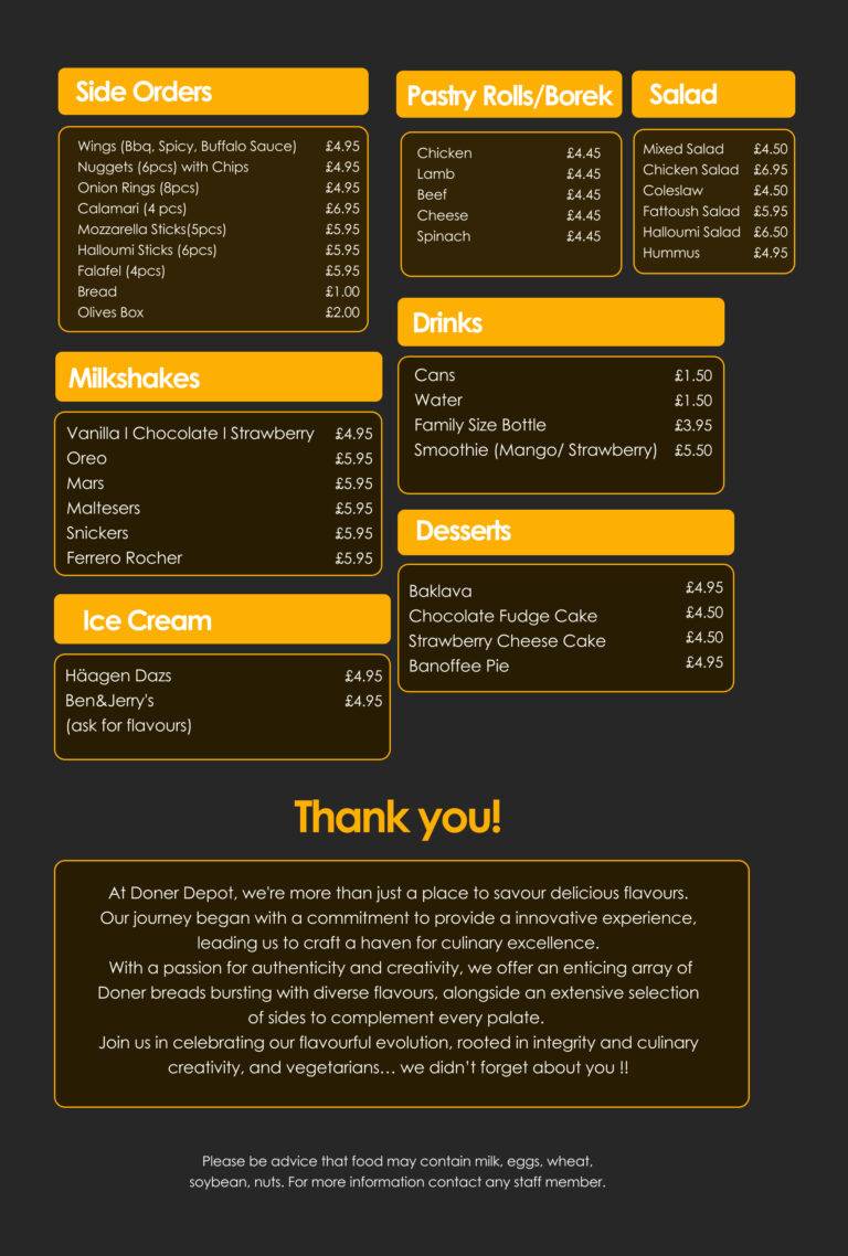 Menu at Doner Depot restaurant, Portsmouth