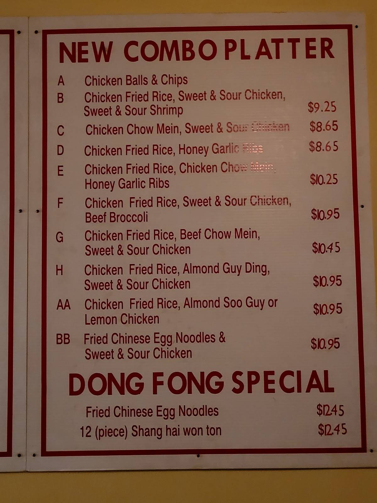Menu at Dong Fong Restaurant, St. John's