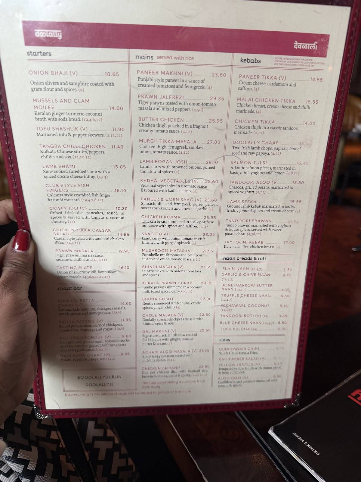 Menu at Doolally restaurant, Dublin