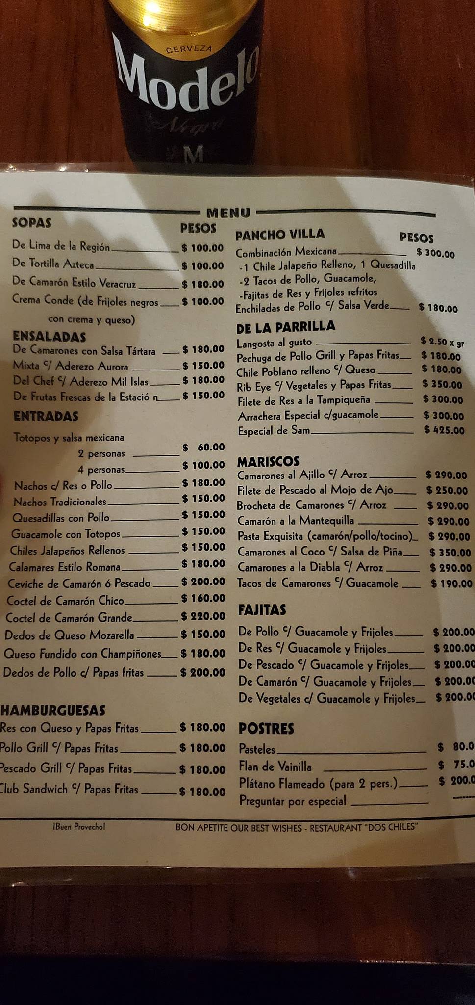 Carta del restaurante Dos Chíles, Puerto Aventuras, Centro Comercial Marina