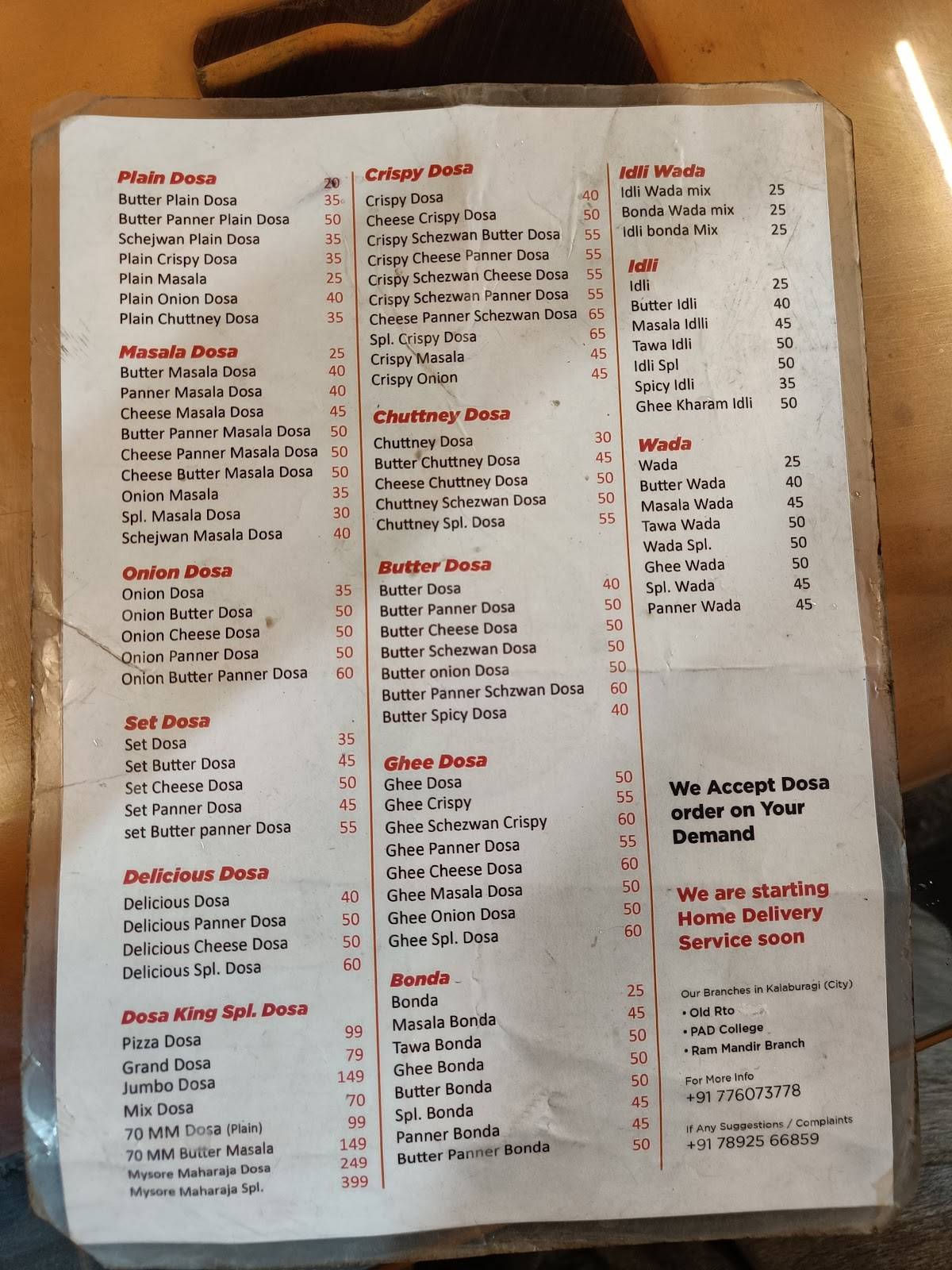 Menu at Dosa King, Kalaburagi, P&T Road