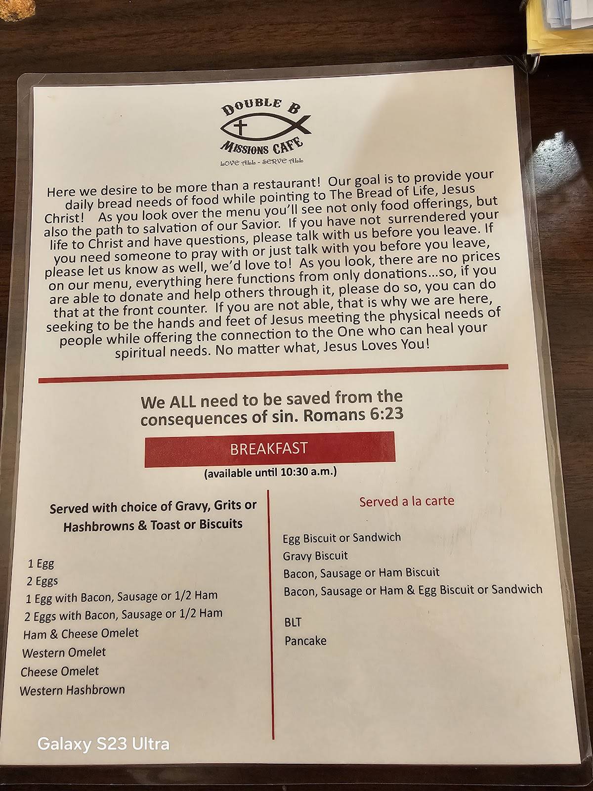 Menu at Double B Missions Cafe, Blountsville, US-231